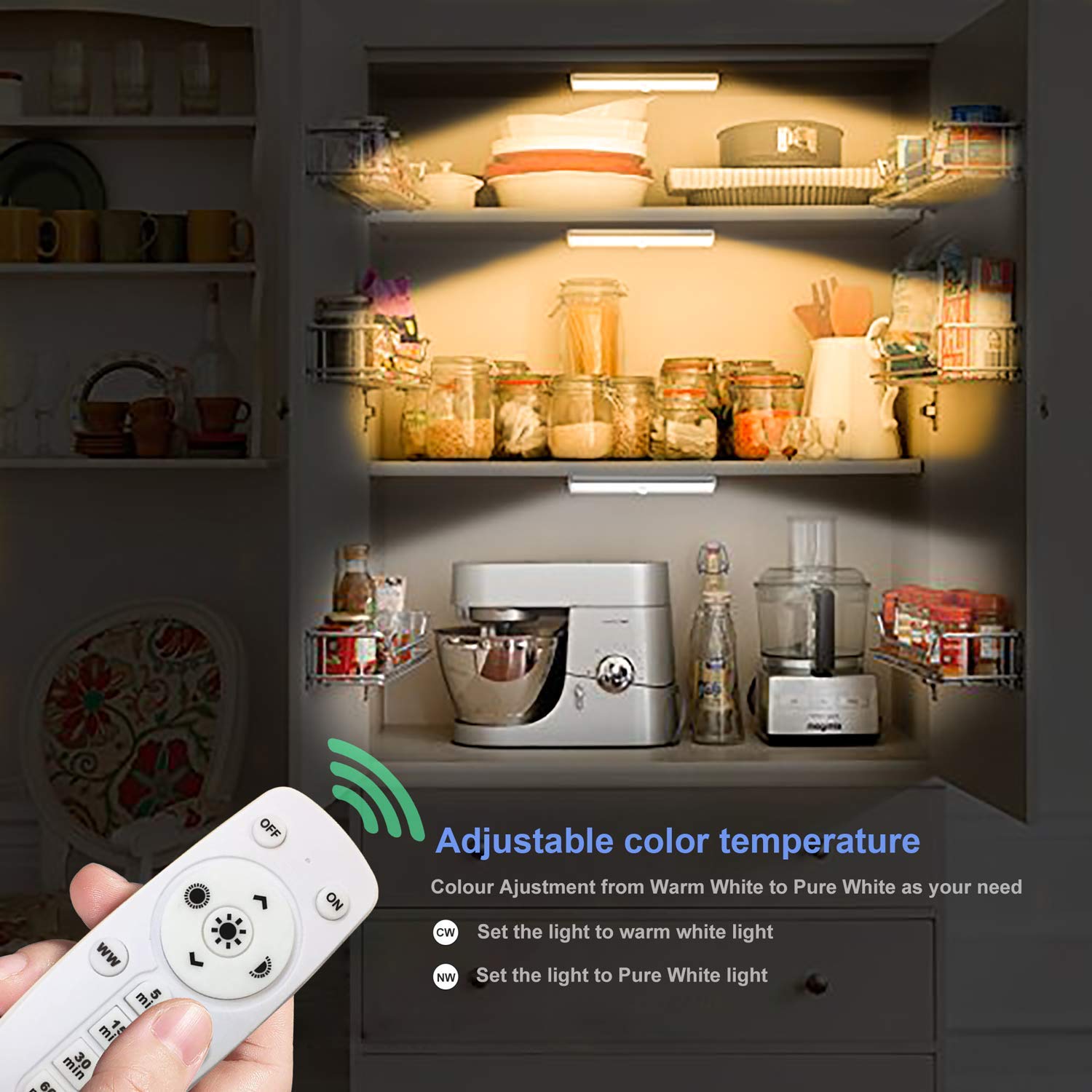 LDOPTO Under Cabinet Lights Wireless Battery Operated LED Closet Lights Without Wiring Counter Stick on Lights with Remote Timer Dimmable for Kitchen Shelf Hallway Stairs, Multiple Colors 4 Pack