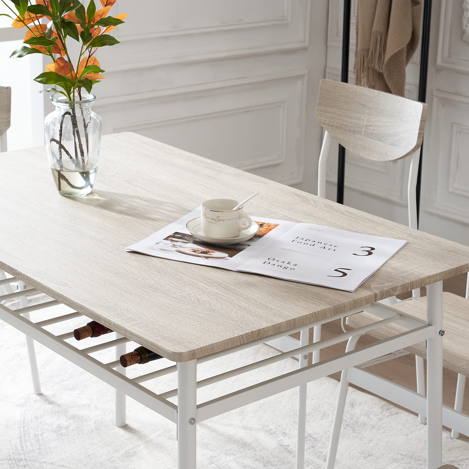 Karl home 5-Piece Dining Table Set for 4, Rectangular Table and 4 Chairs, Farmhouse Table Set for Kitchen & Dining Room, Industrial Metal Frame & Storage Rack, Save Space (White)