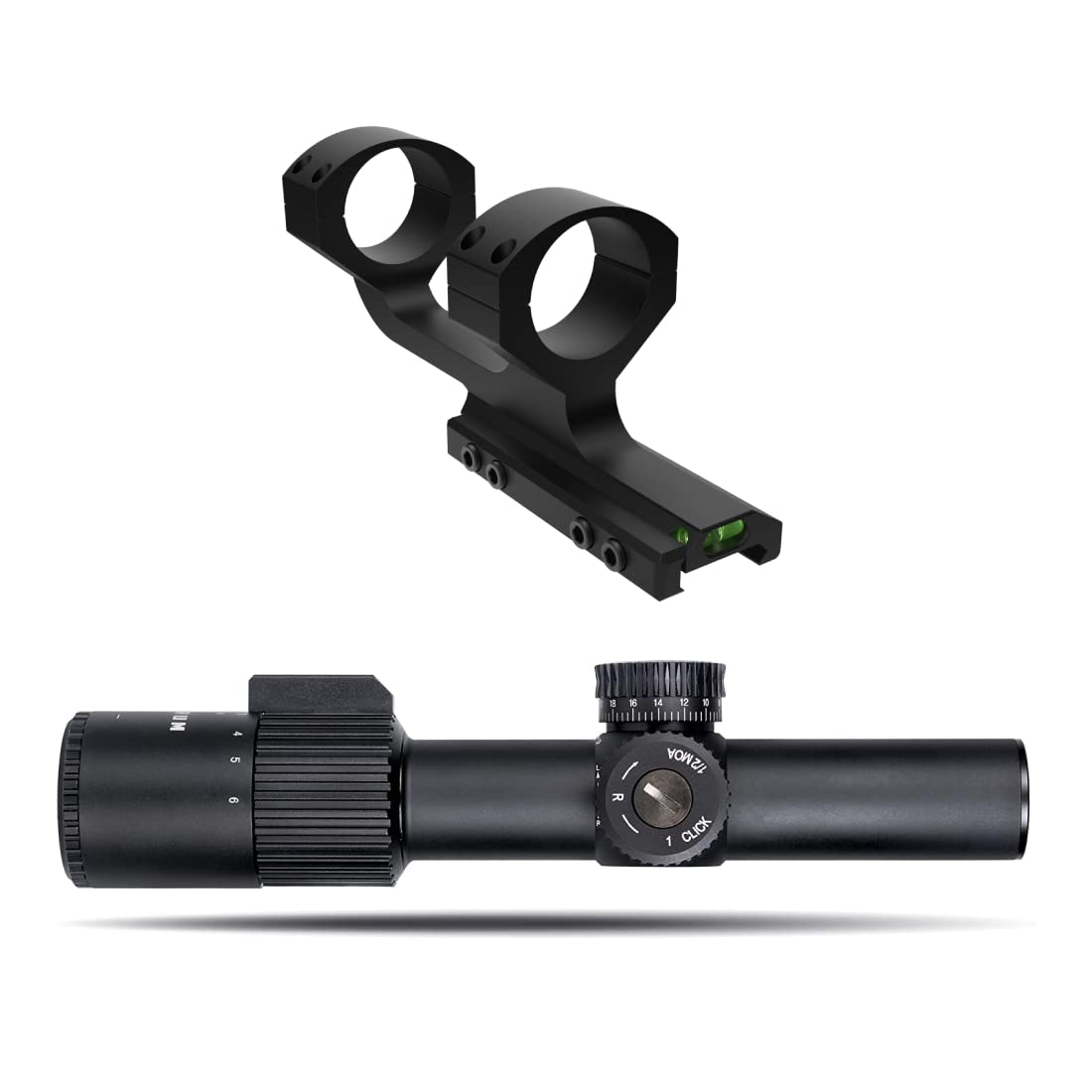 Monstrum Alpha Series 1-4x24 FFP Rifle Scope | Moonstrum Offset Scope Mount with Integrated Level Bubble | Bundle