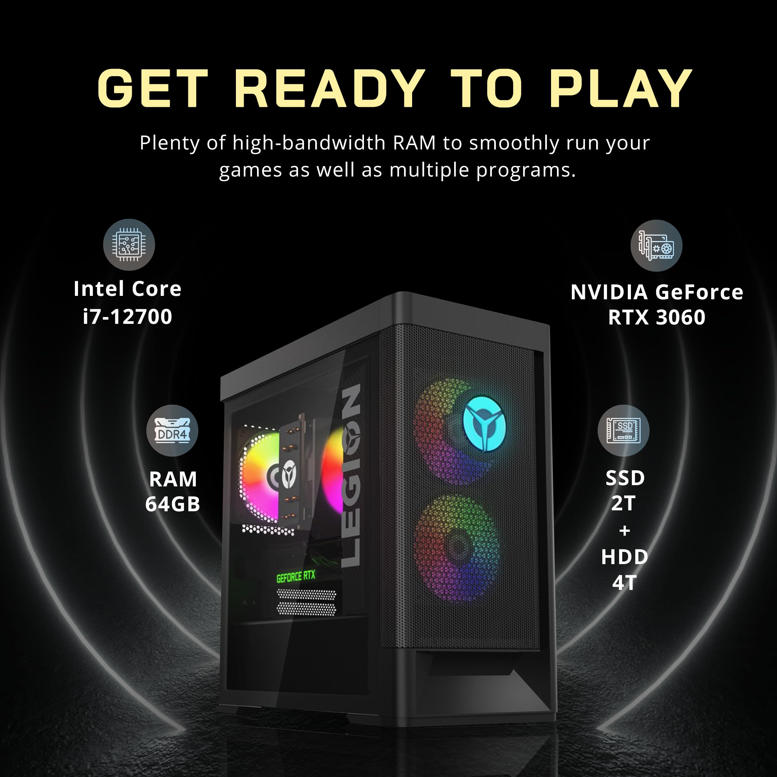 LENOVO Legion 5i Tower Gen 7 Gaming Desktop, Intel Core i7-12700 Processor, 64GB DDR5 RAM, 2TB PCIe SSD + 4TB HDD, NVIDIA GeForce RTX 3060 12G DDR6, Win 11 Pro, Black, 32GB Hotface USB Card
