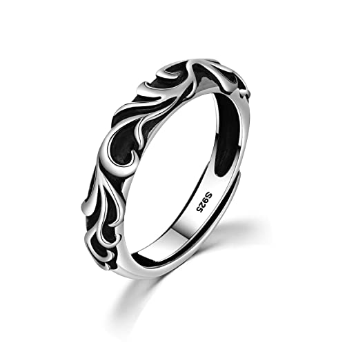 PHNIBIRD 925 Sterling Silver Rings for Men with European Pattern Unisex Adjustable Open Punk Rings for Men Women Retro Style Suitable for Daily Use