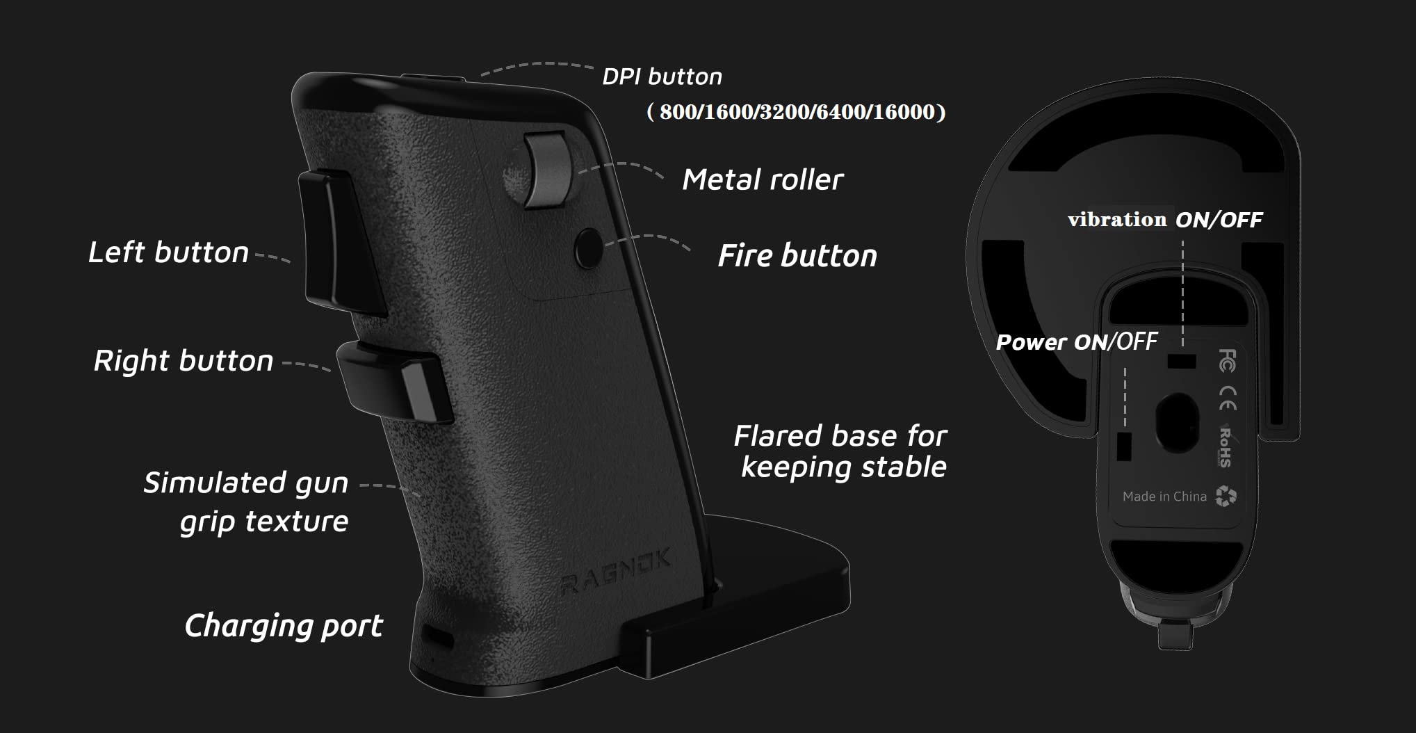 RAGNOK Gun Mouse FPS and TPS Gaming Mouse with Vibration - Unique triggers MX Switches for Gaming and Office- Vertical Grip - for PC / Mac16000dpi