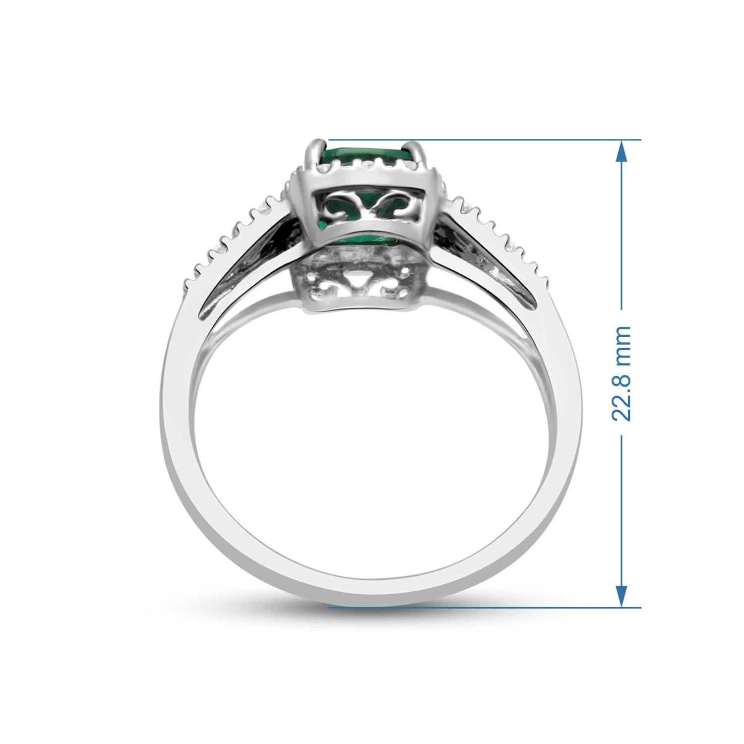 Jewelili 10K White Gold 8x6 MM Cushion Shape Simulated Emerald with Natural White Round Diamond Accent Ring, Size 7