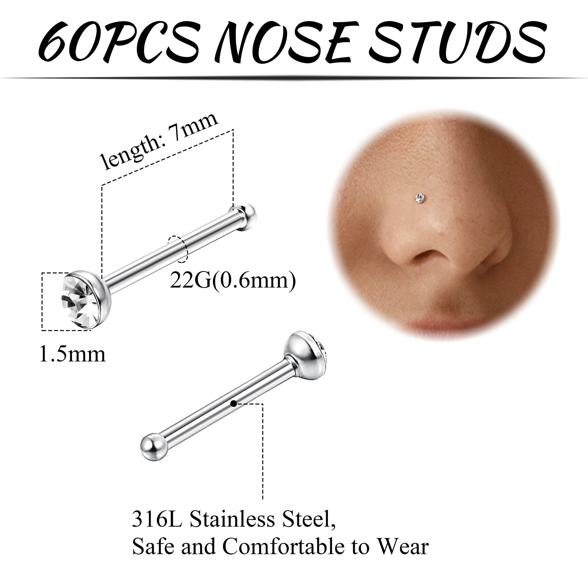 Jstyle 60 Pcs Hypoallergenic Stainless Steel Nose Studs for Women Men Sparkly CZ Small Nose Studs Rings Piercing Body Jewelry 1.5mm