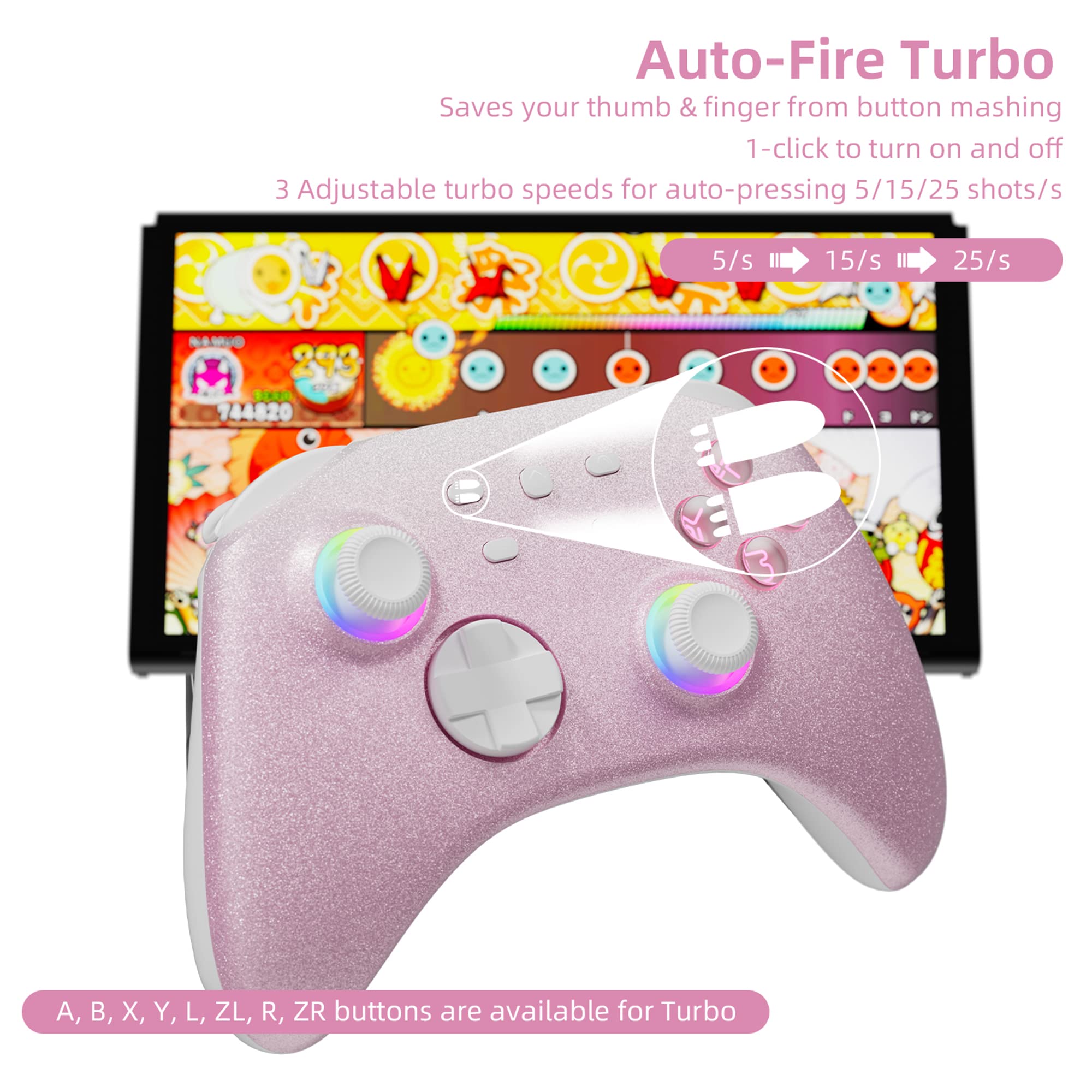 Pink Wireless Switch Controller for Switch/OLED/Lite Steam Deck, Pro Controller with Turbo, Motion, Vibration, Wake-Up, Headphone Jack and Dynamic Joystick RGB Lighting, Gaming Genshin Impact