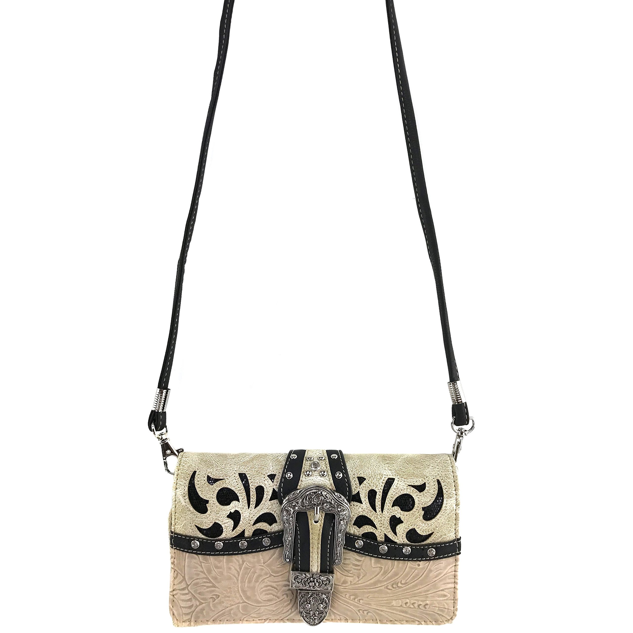 Justin West Tooled Floral Embroidery Buckle Studded Concealed Carry Tote Purse (Beige Purse Wallet Set)