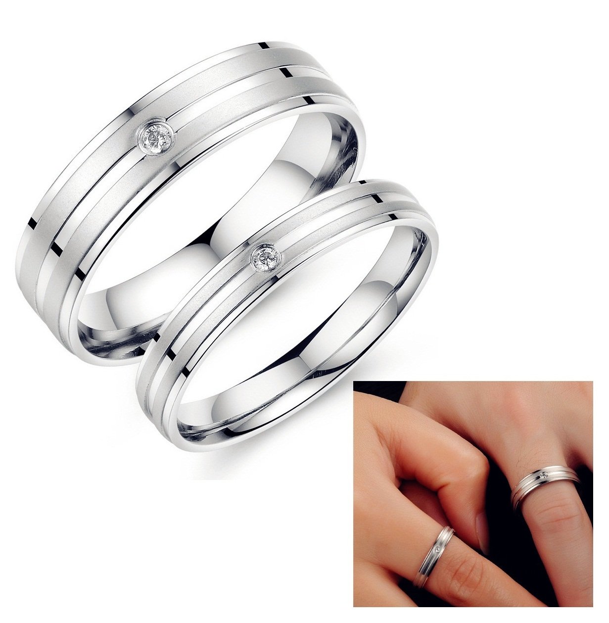 His or Hers Matching Set Titanium Stainless Steel Couple Wedding Band Set in a Gift Box