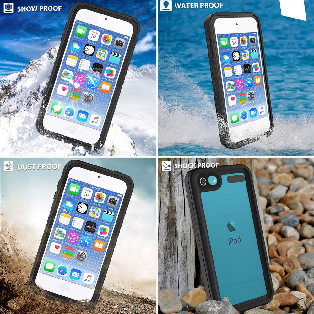iPod 5 iPod 6 iPod 7 Waterproof Case, Re-Sport Shockproof Dustproof Snowproof Full-Body Protective Case Cover Built-in Screen Protector Compatible iPod Touch 5th/6th/7th - Black