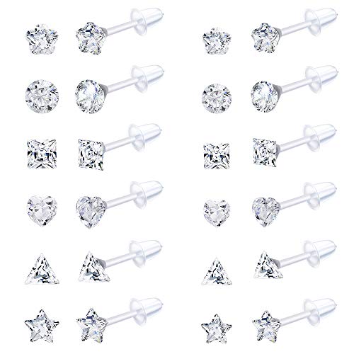 Jstyle 12Pairs Clear Plastic Stud Earrings for Women Acrylic Post Star Heart Rhinestone Ear Studs Piercing Retainers