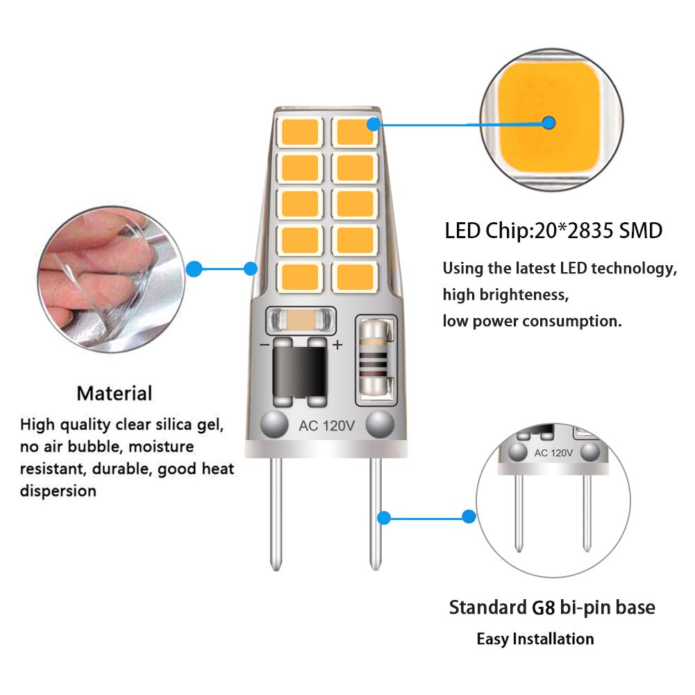 Lacnooe G8 LED Bulb 3W Equivalent to T4 JCD Bi-Pin G8 Base Halogen Bulb 20W-25W Dimmable G8 Light Bulb 120V Warm White 2700K-3000K for Puck Light, Under Cabinet Light, Under Counter Light (6 Pack)