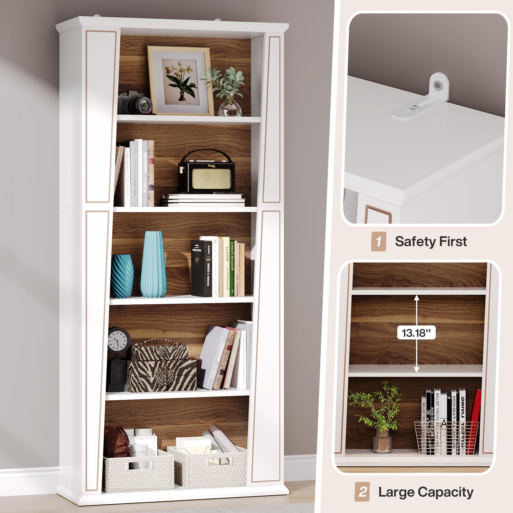 Tribesigns 70.9" Tall White Bookcase, 5-Tier Wood Bookshelf with Storage Shelves, Modern Free-Standing Library Book Shelving Unit for Living Room, Home Office (1)