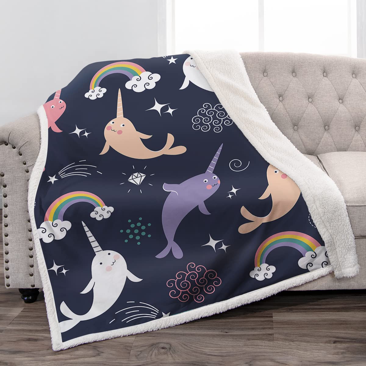 Jekeno Narwhal Sherpa Blanket Soft Lightweight Durable Cozy Bed Couch Cartoon Throw Blanket Boys Girls Children Gift 50"x60"