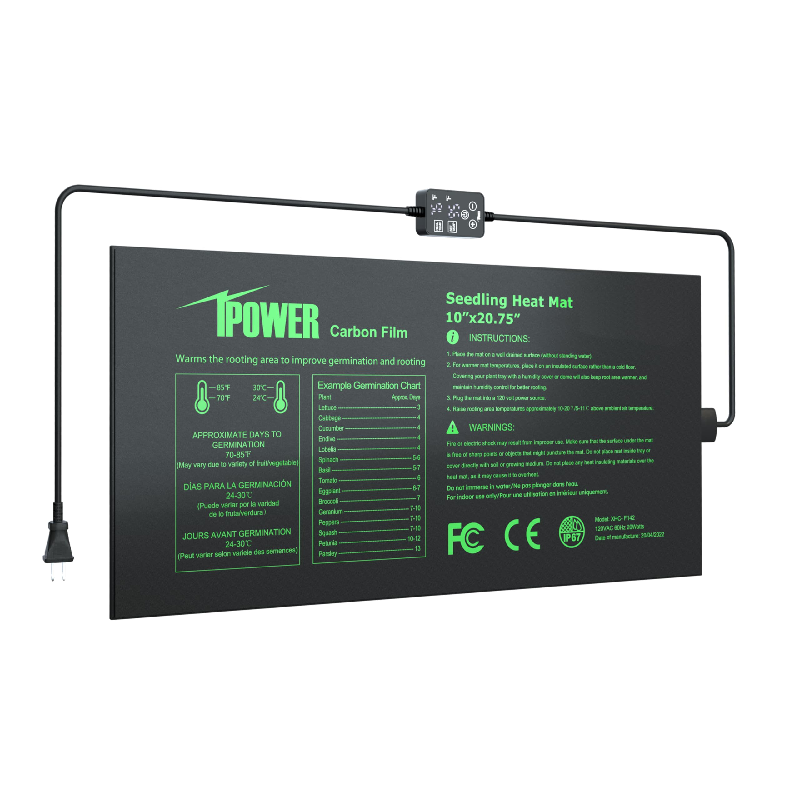 iPower Seedling Heat Mat for Plants with Dual Temperature, Black, 10" x 20.75"&Digital Controller