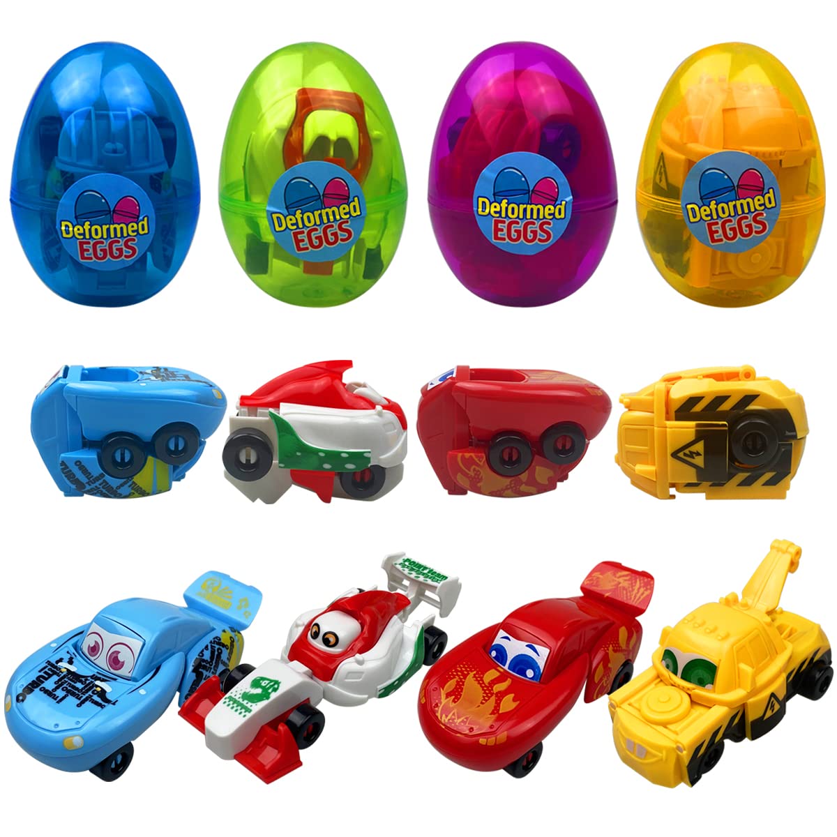 Pinkiwine 4 Pack Jumbo Vehicle Deformation Prefilled Easter Eggs with Toys Inside for Kids Girls Boys Easter Gifts Easter Basket Stuffers Fillers