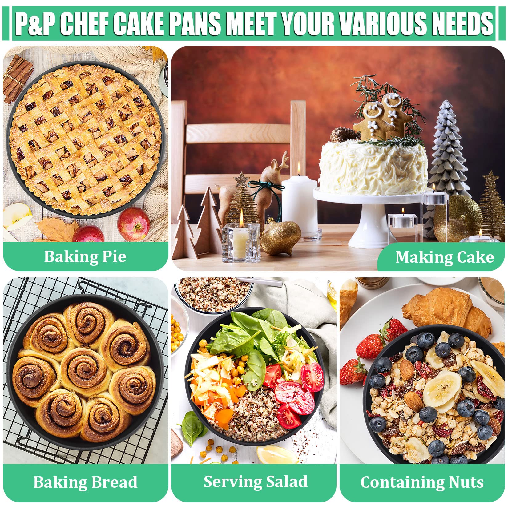 P&P CHEF Non-stick 6 Inch Cake Pan Set of 3, Round Cake Pans Tins for Small Layered Cake, 3 Inch Depth & One-piece Design, Stainless Steel Core & Healthy Coatings, Black