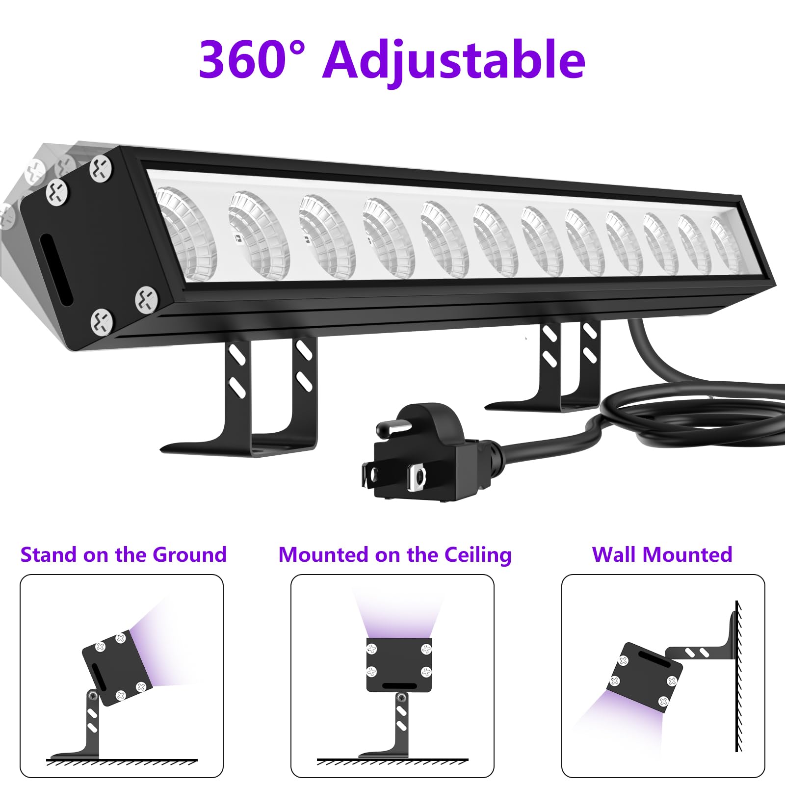 HWay 60W LED Black Lights Flood Light with Plug (6ft Cable) for Blacklight Party, Glow in Dark Party, DJ Disco Night Club, Body Paint, Fluorescent Poster (2Pack)