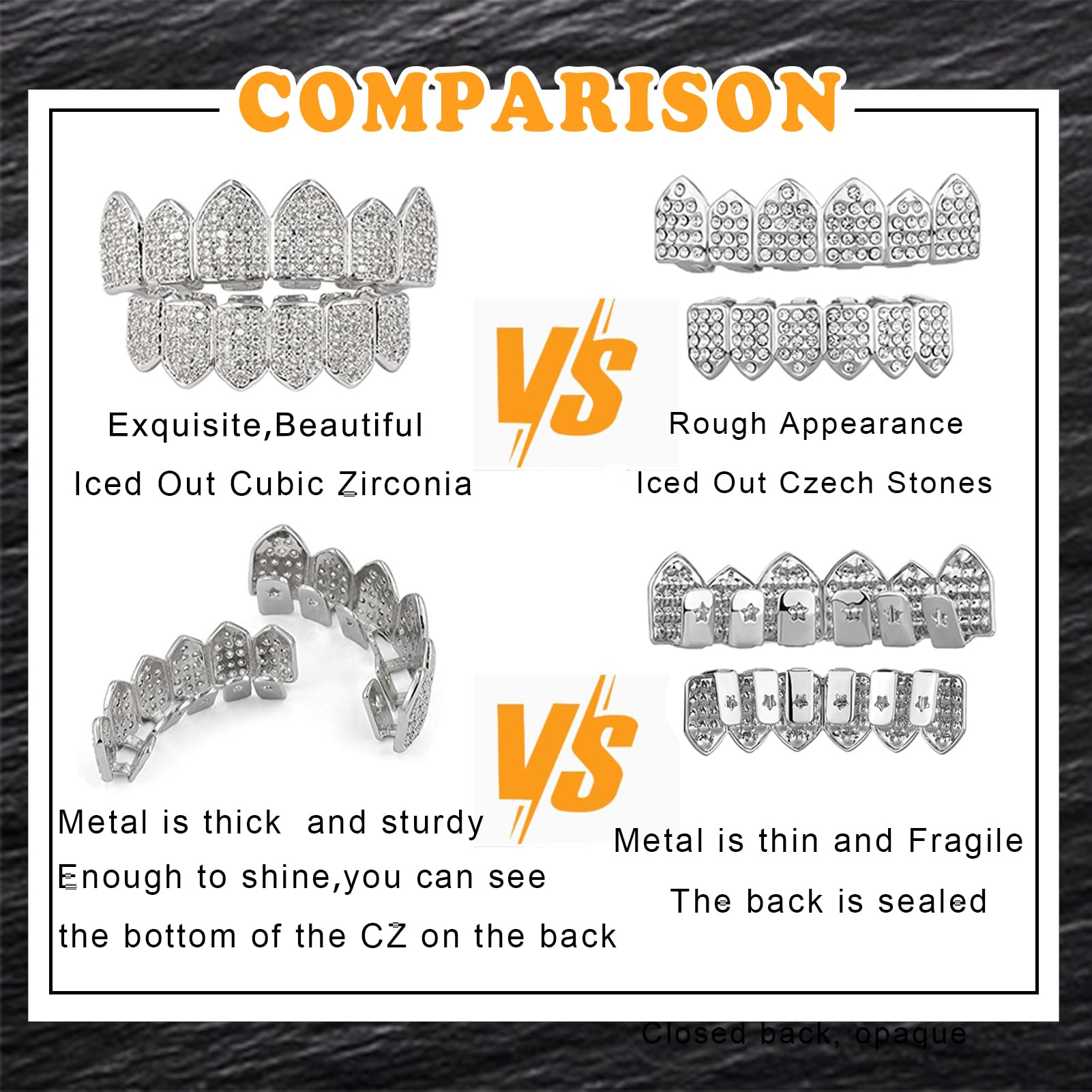 JINAO Diamond Grillz 18K Gold Plated Grills for Your Teeth Macro Pave CZ Iced Out Grill for Men Women With Extra Molding Bars Included (Silver set)