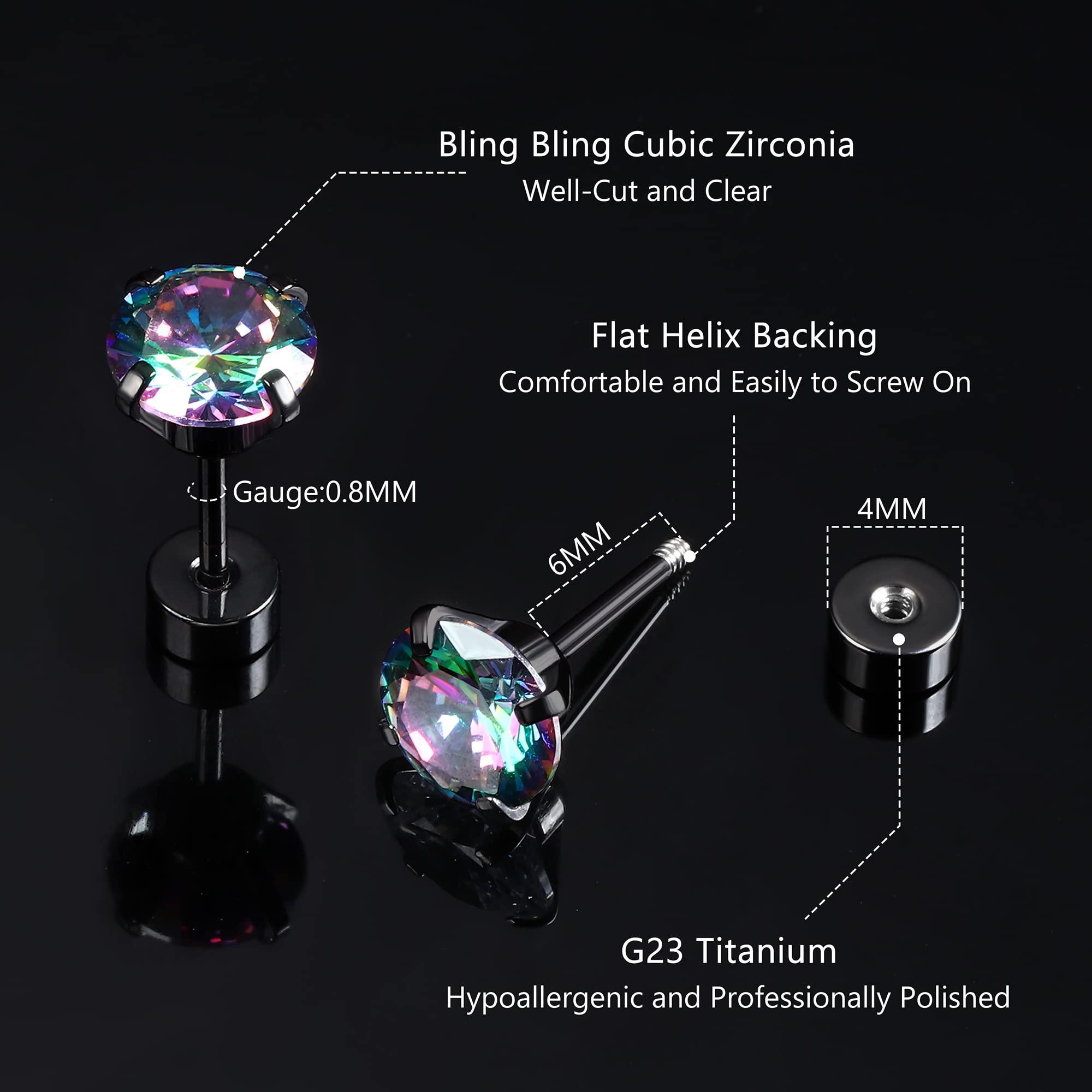 Jstyle 5Pairs 18G Stainless Steel CZ Stud Earrings for Women Men Cartilage Helix Earrings Set Round CZ Screw back Flat Back Stud Earring Piercing Set 3-8mm
