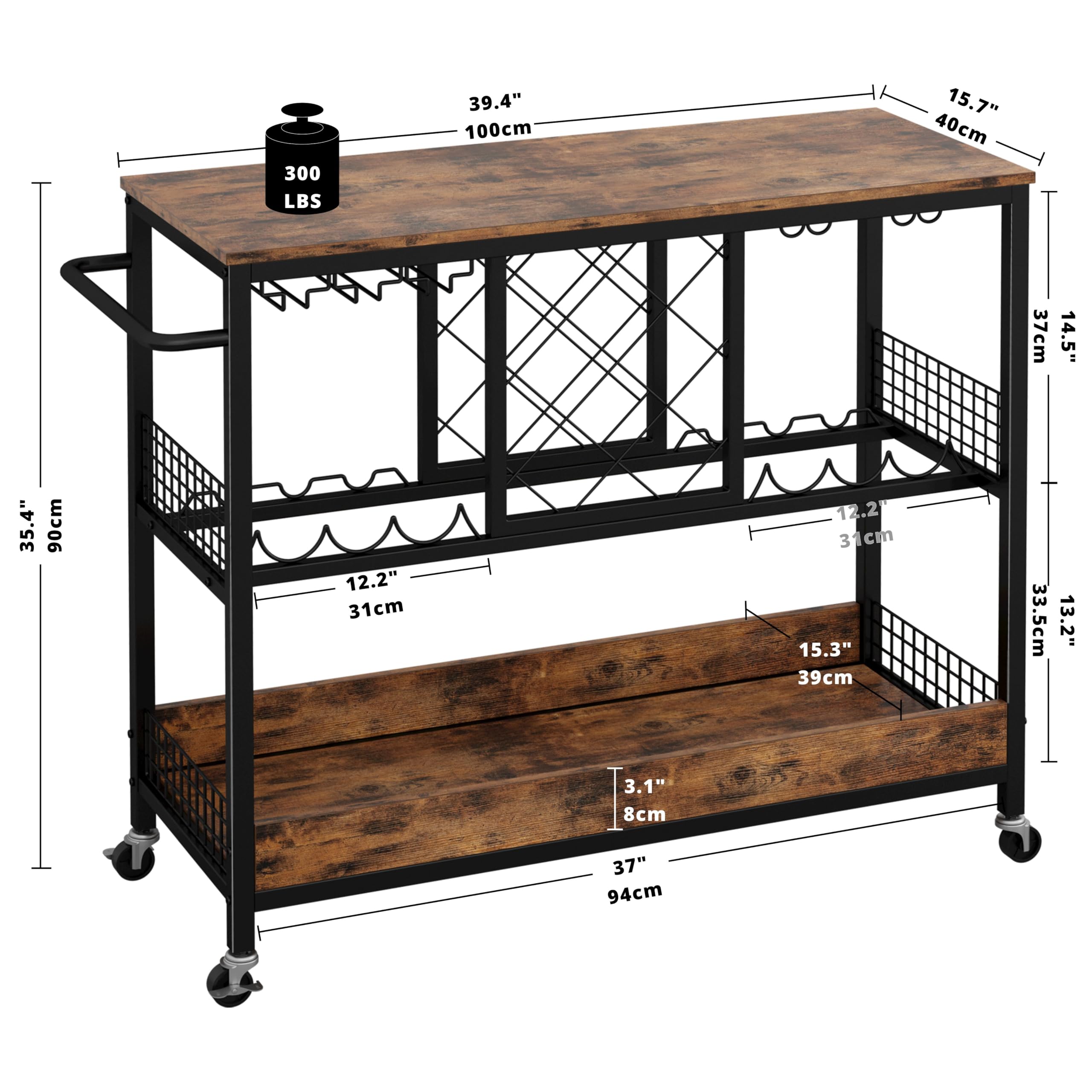 IRONCK Bar Cart, Serving Cart with Wine Rack Glasses Holder Kitchen Cart on Wheels Wood and Metal Frame, Vintage Brown