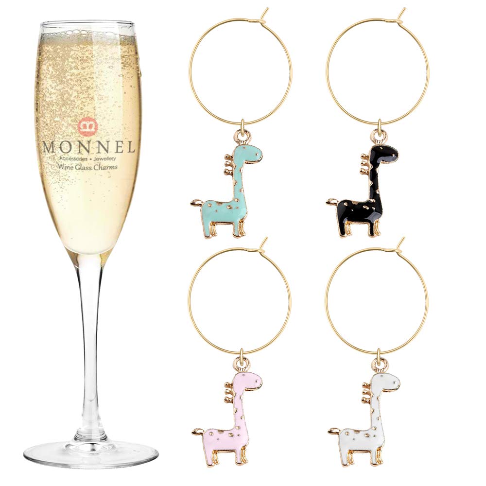 P426 Assorted Little Giraffes Wine Charms Glass Marker for Party with Velvet Bag- Set of 4