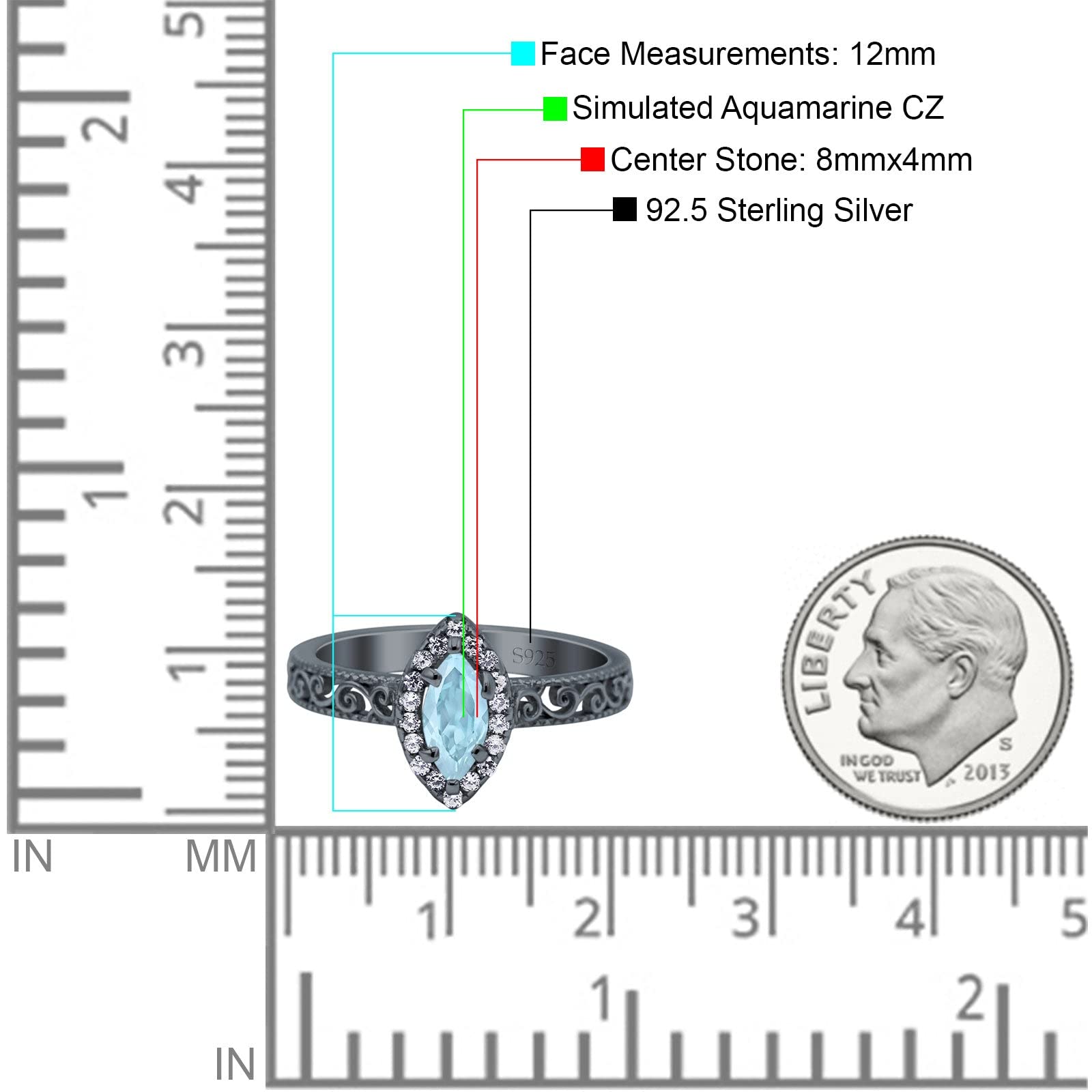 OMRANII Black Tone, Simulated Aquamarine CZ Size-10 Halo Art Deco Bridal Wedding Engagement Ring Marquise Round CZ 925 Sterling Silver