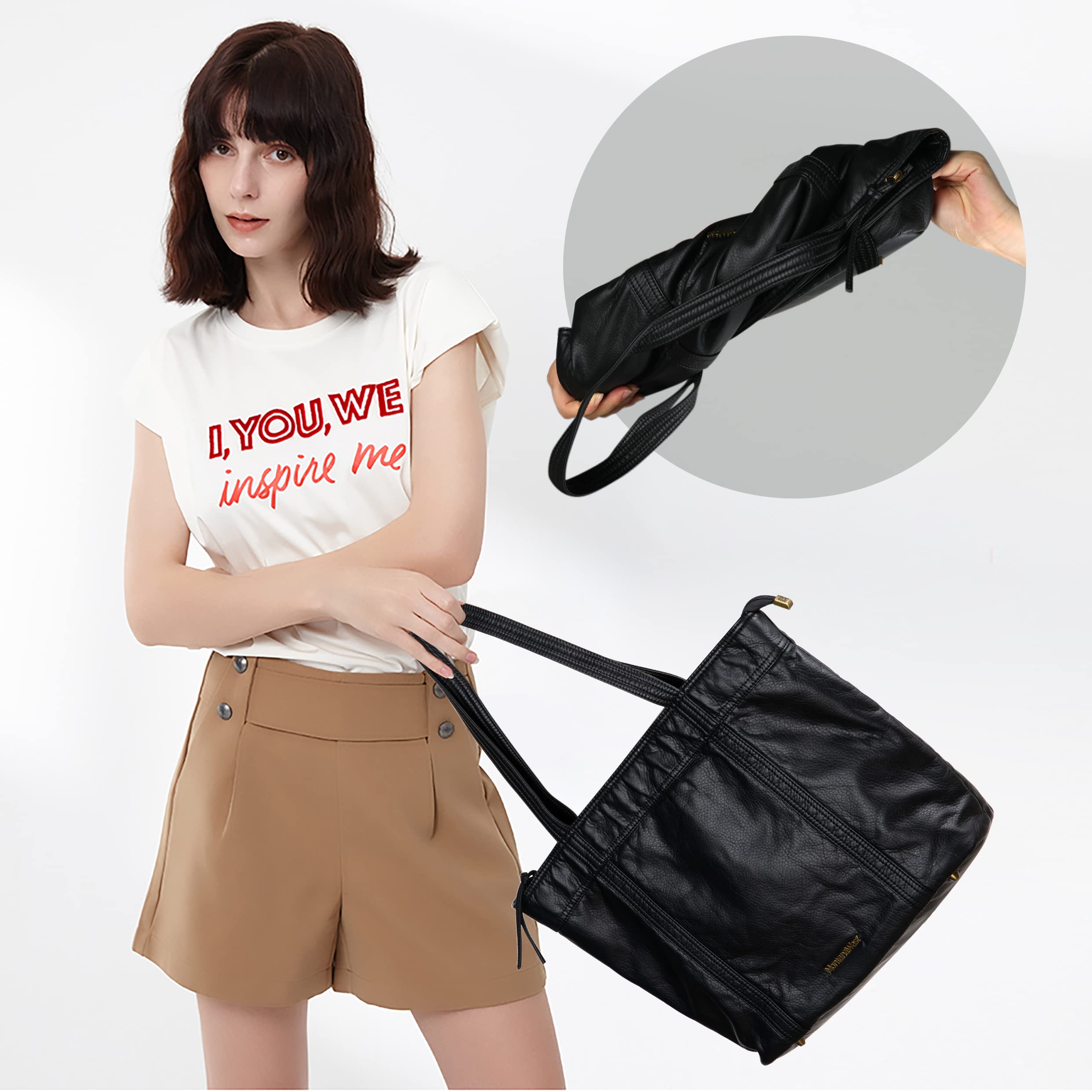 Montana West Purses and Handbags for Women Oversized Hobo Shoulder Bags Ultra Soft Washed Leather Tote Bag Black