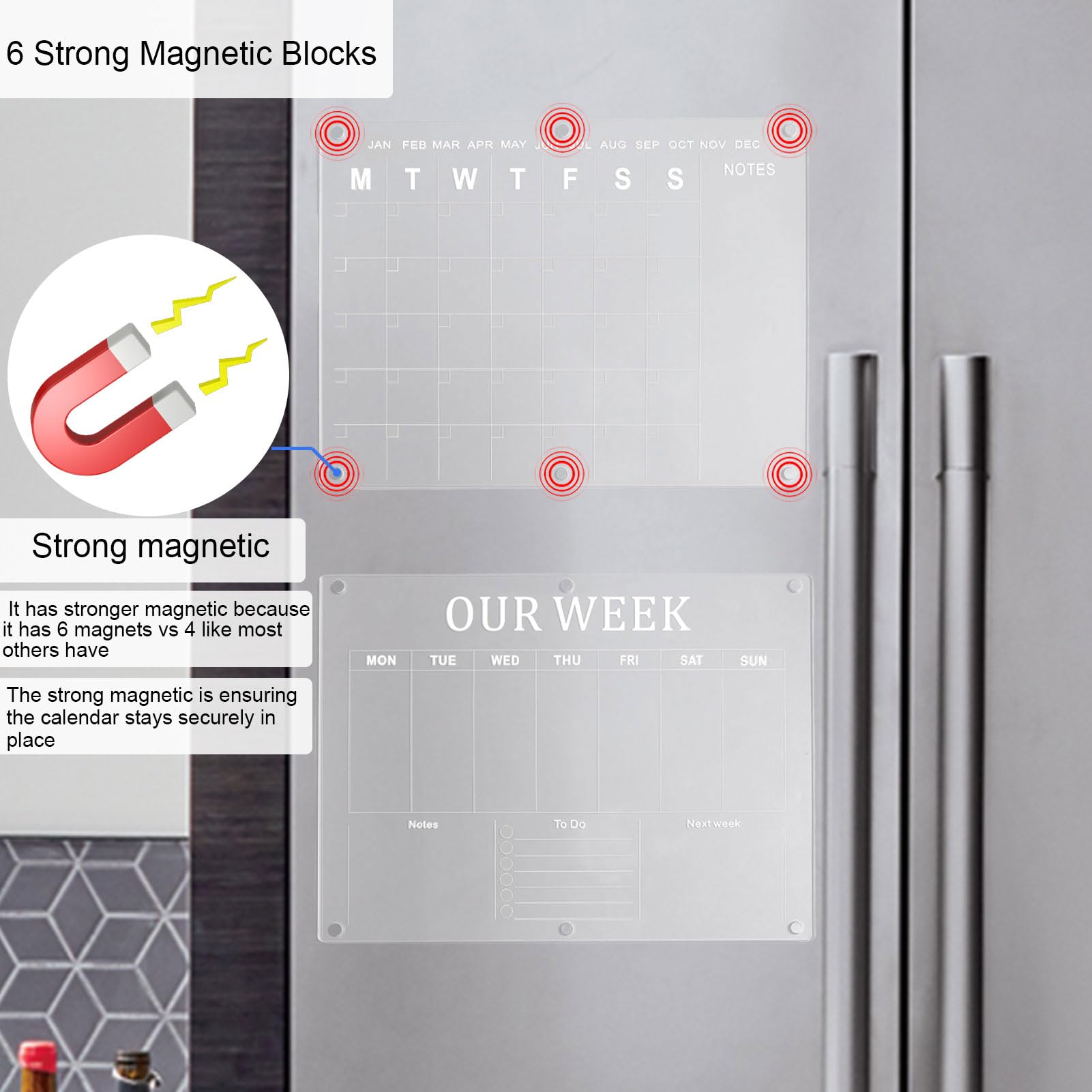 MACIKWON Magnetic Fridge Calendar Dry Erase,Acrylic Clear Monthly and Weekly Planner Board for Fridge with Dry Erase Markers (Plastic)