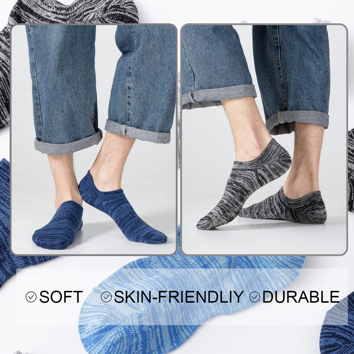 Marchare Men No Show Socks 8 Pairs Cotton Low cut Sneaker Ankle Socks Cushioned Crew Socks, Black/White Size 7-10