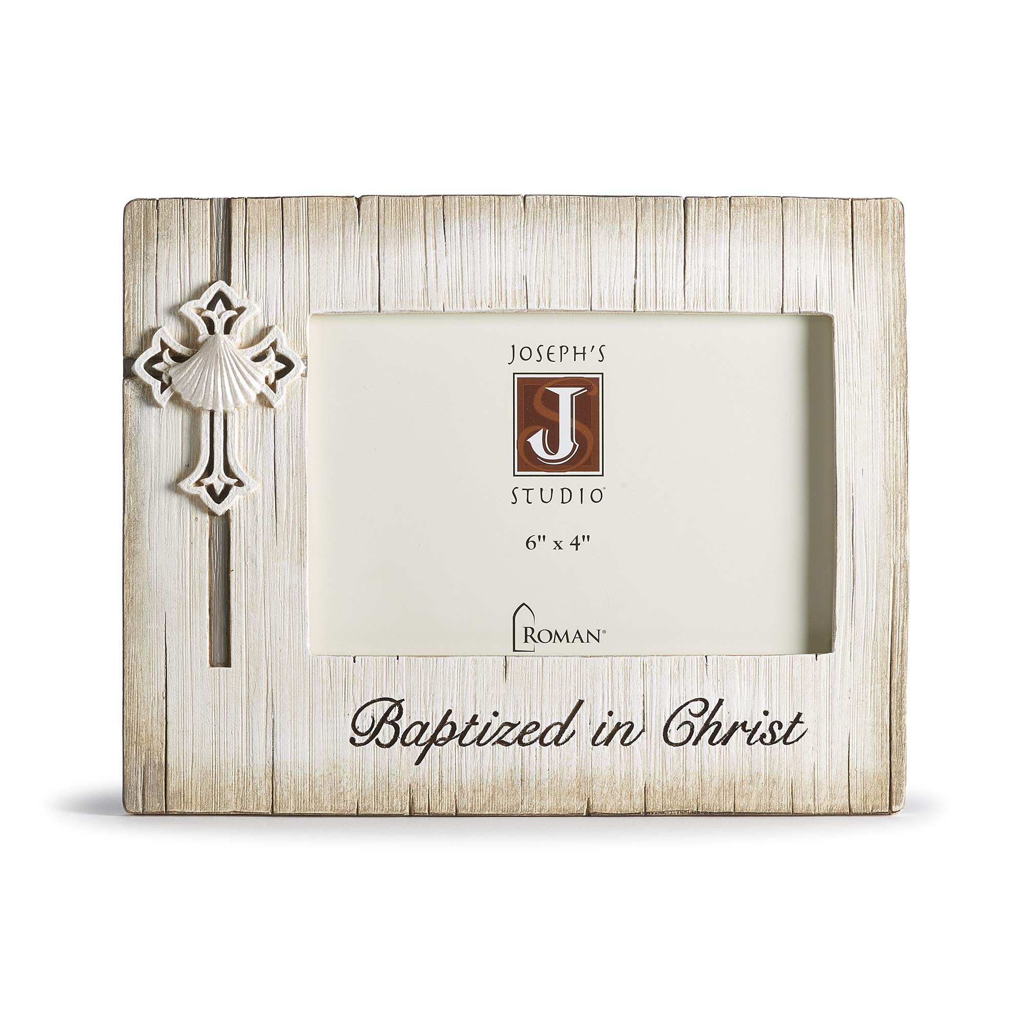 Joseph's Studio by Roman - Baptism Distressed Picture Frame for 4" x 6" Photo, Horizontal Tabletop or Desk Display - 6.75" H, Resin and Stone, Decorative, Collection, Durable, Long Lasting