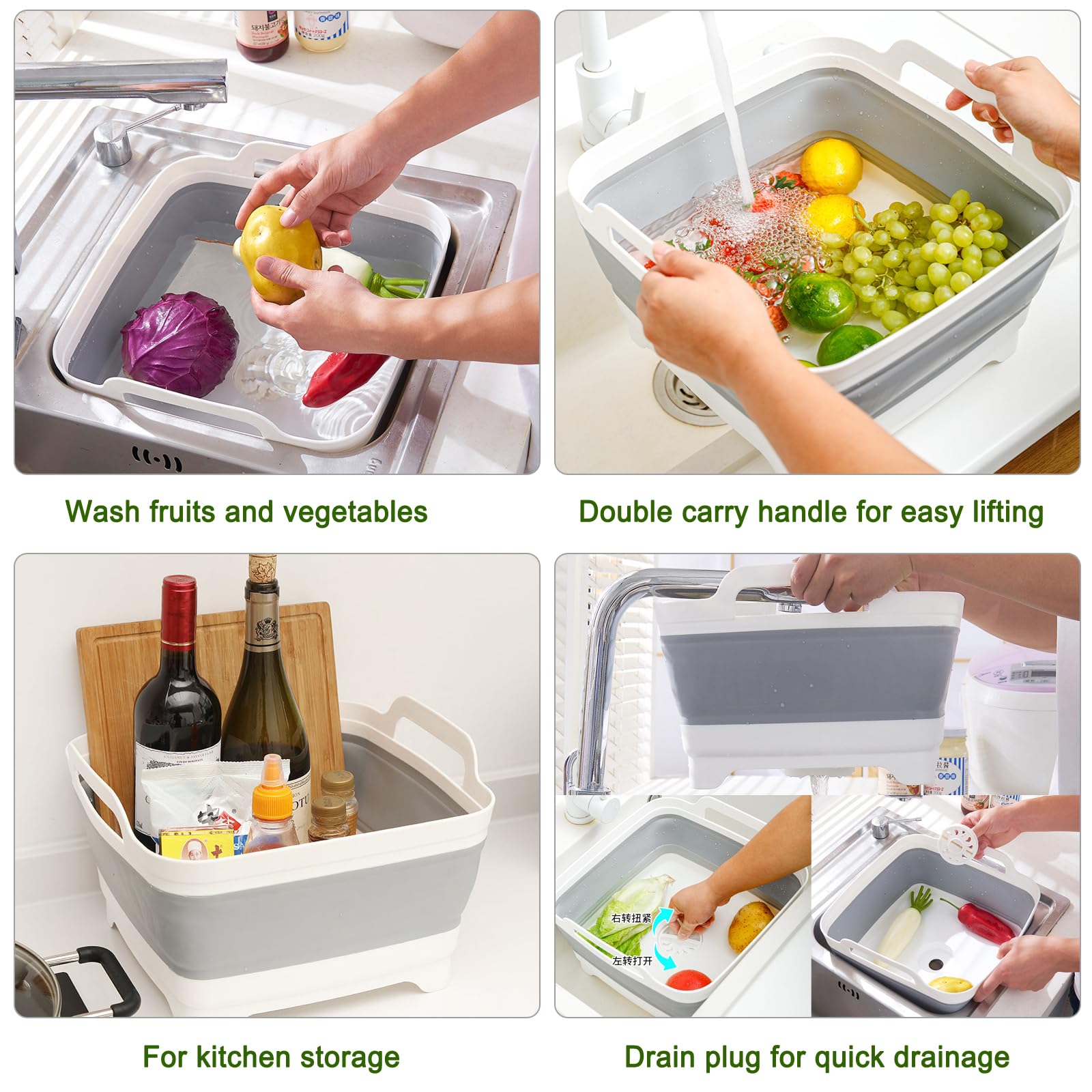 KEPPIER Dishpan, 9L Collapsible Washing Basin (Gray, PP, TPR), Portable Dish Tub with Drain Plug, Space-Saving Drying Rack for Kitchen, Camping, Laundry use