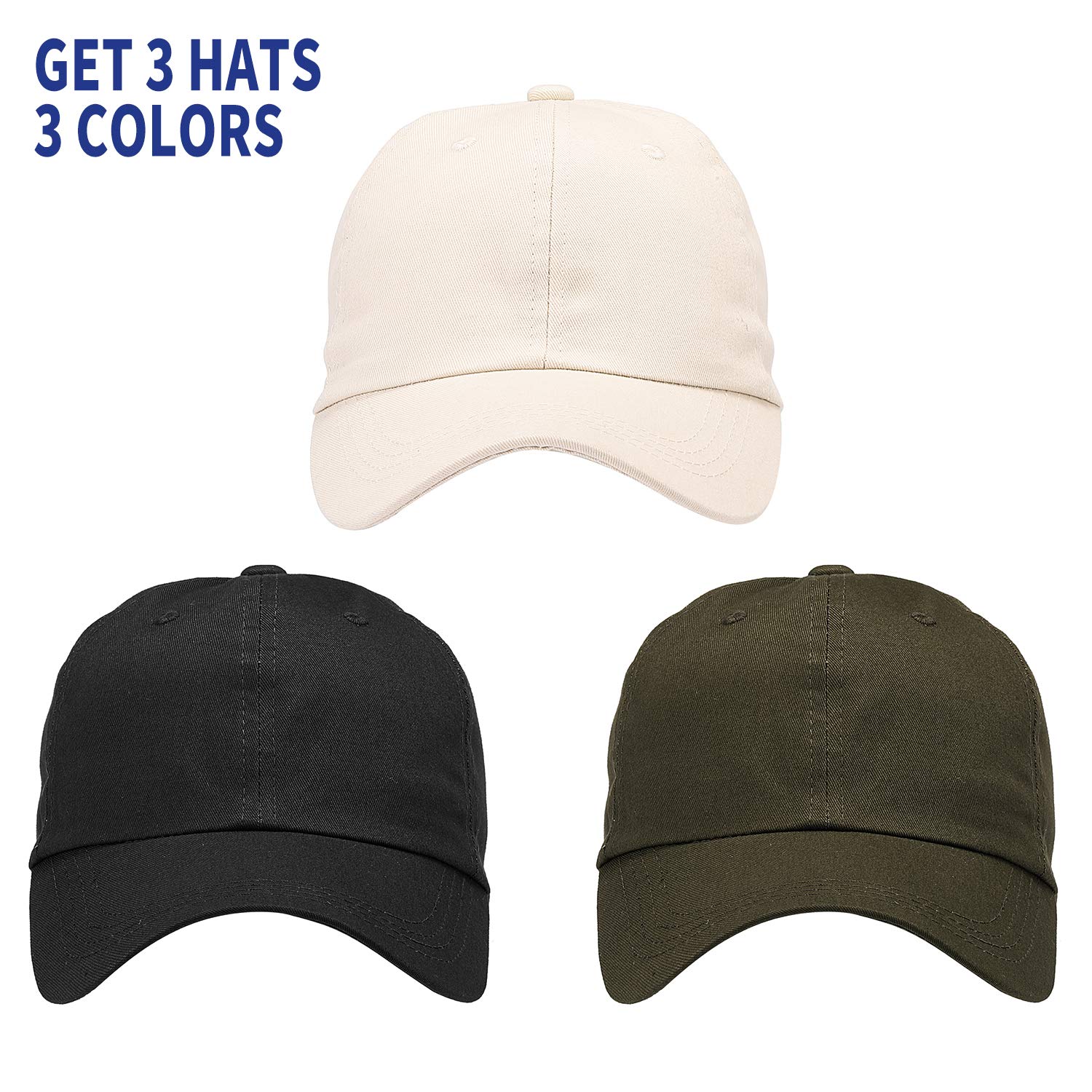 MEINICY 3PCS Classic Baseball Cap, Dad Hat Fits Men Women, All Cotton Made, Adjustable Low Profile Unconstructed (Black+OD Green+Stone)