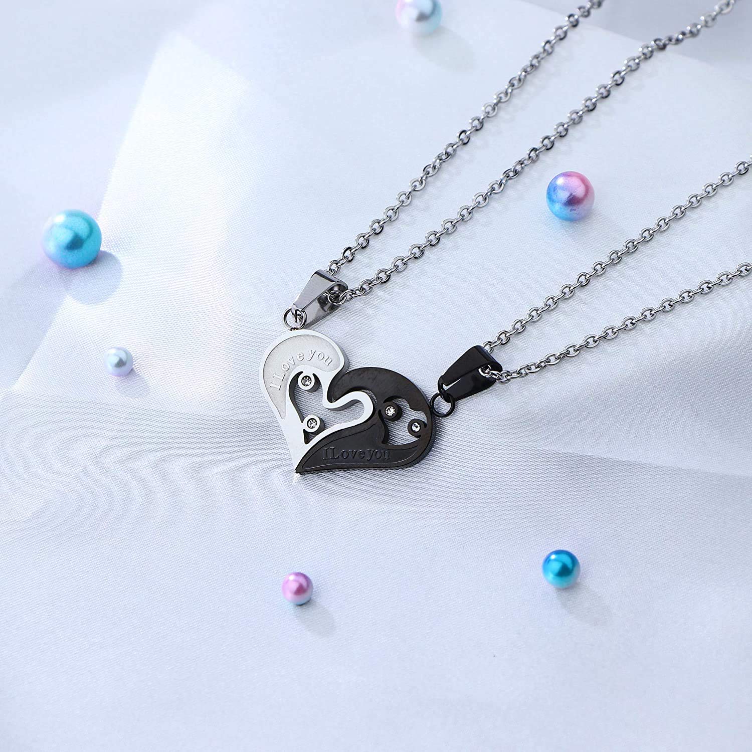 Jstyle Stainless Steel Mens Womens Couple Necklace Pendant Love Heart CZ Puzzle Matching