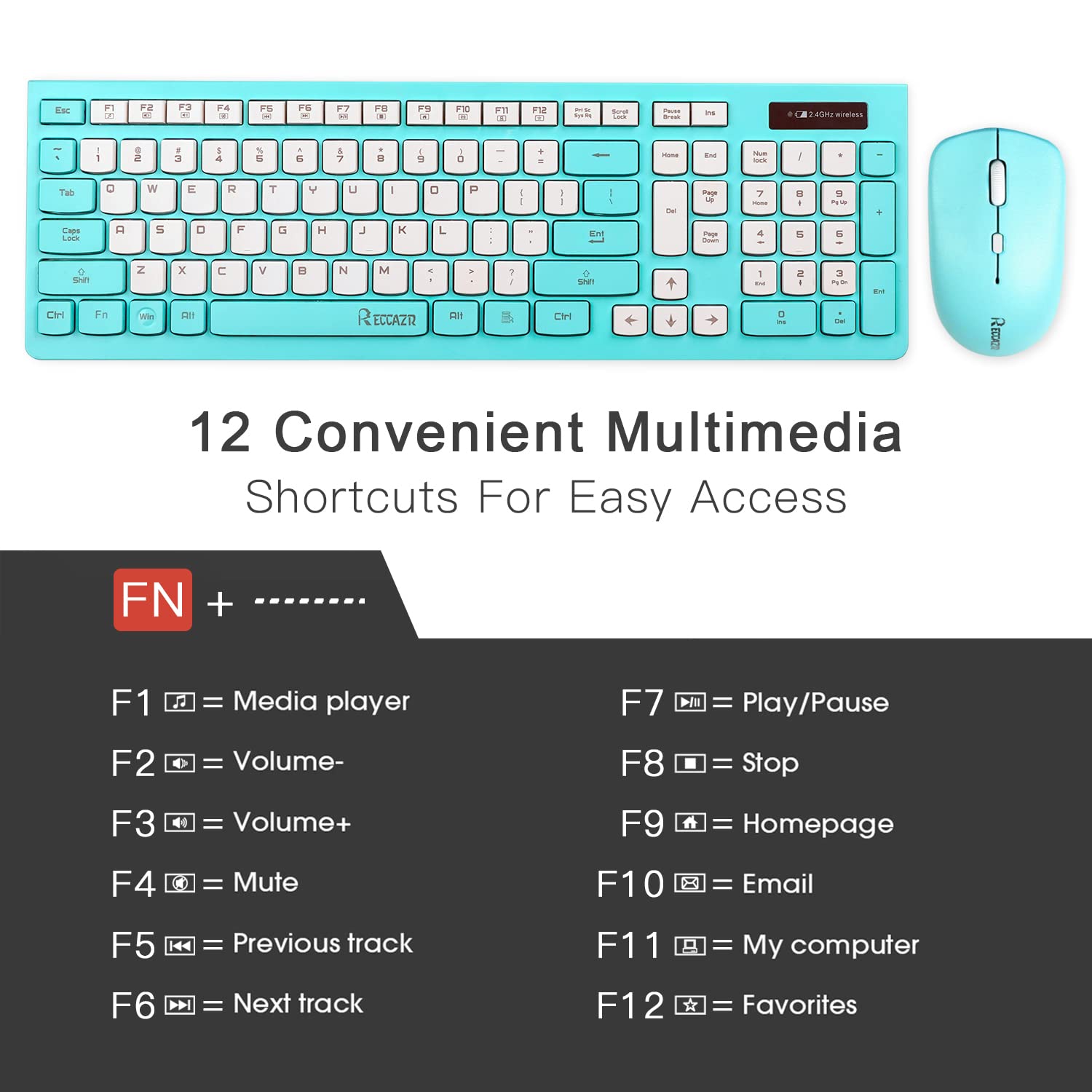 RECCAZR Wireless Keyboard and Mouse Combo, Full-Sized Wireless Keyboard and Adjustable DPI Mouse, 2.4GHz USB Receiver, Wireless Keyboard and Mouse for PC, Windows, Desktop, Laptop (Blue)
