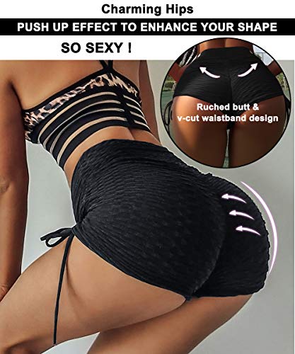 Jenbou High Waisted Booty Shorts for Women TIK Tok Butt Lifting Workout Shorts Anti Cellulite Textured Tights A-Black