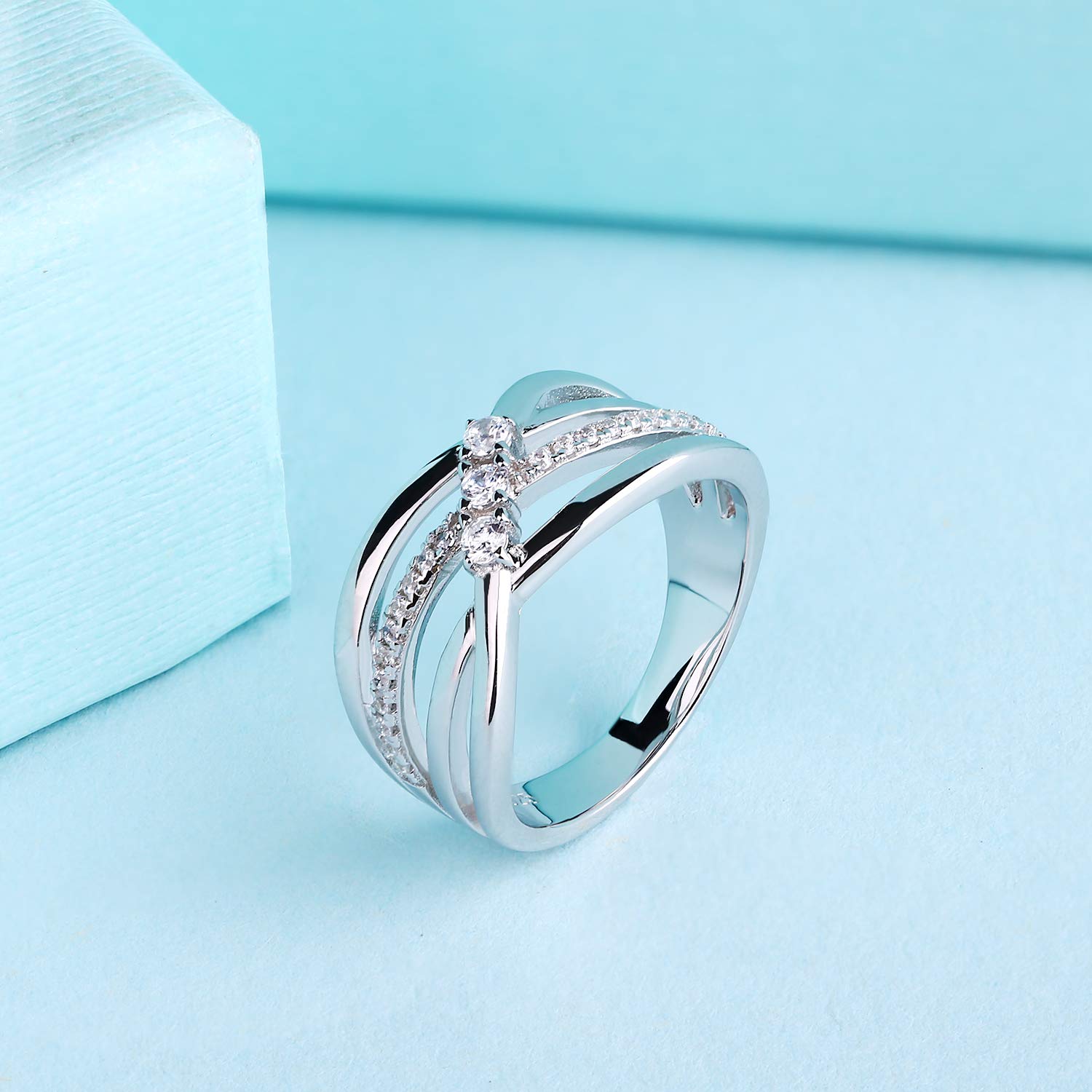 JO WISDOM 925 Sterling Silver Intercrossed Engagement Ring with AAA Cubic Zirconia Size 7