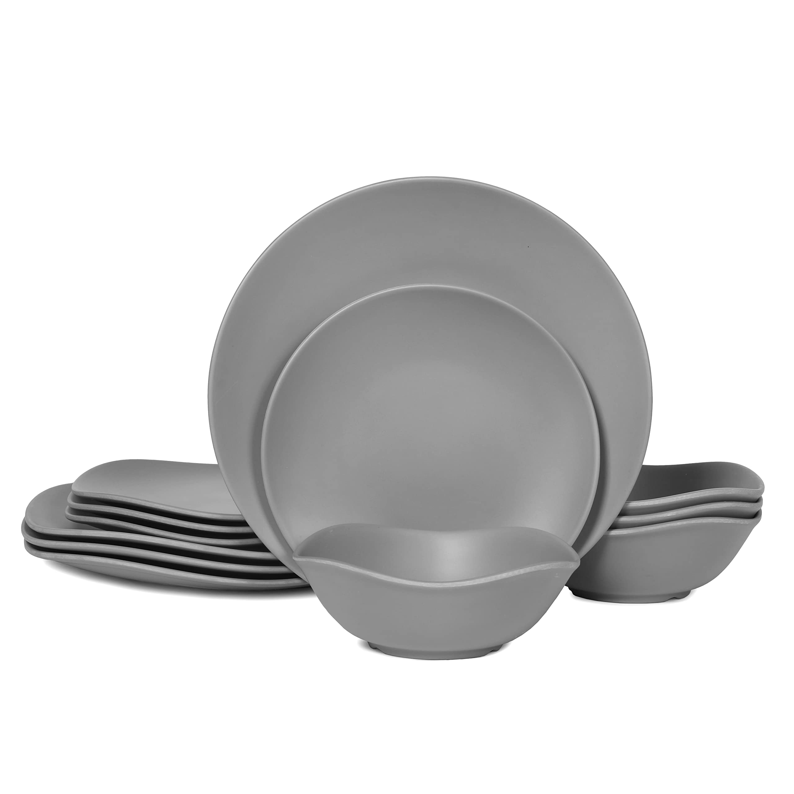 Irregular Melamine Dinnerware Sets-12 Piece Plates and Bowls Sets,Indoors and Outdoors Dinnerware,Service for 4,Dishwasher Safe,Grey
