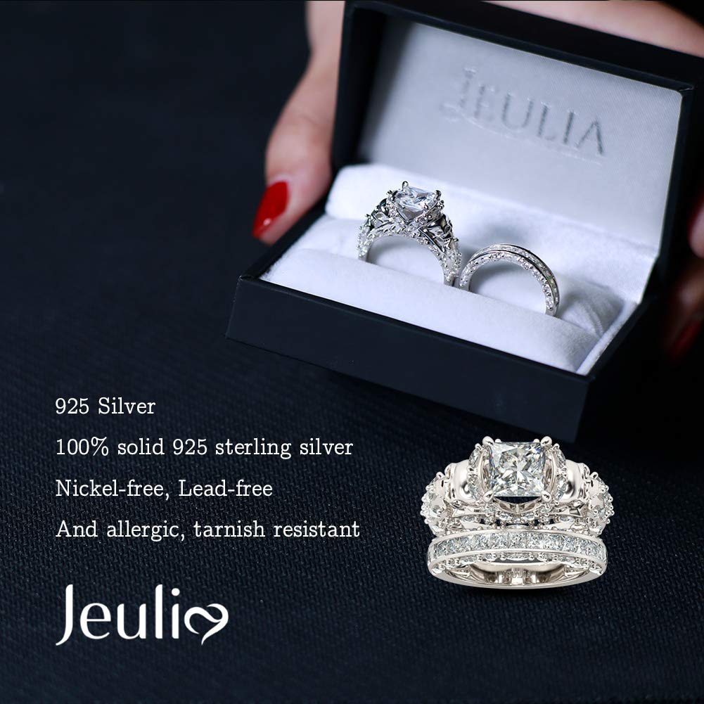 Jeulia Skull Engagement Ring Sets Sterling Silver Promise Eternity Band Rings Diamond Princess Cut with Cubic Zirconia Wedding Engagement Anniversary Promise Rings Bridal Sets (7.5(U.S))