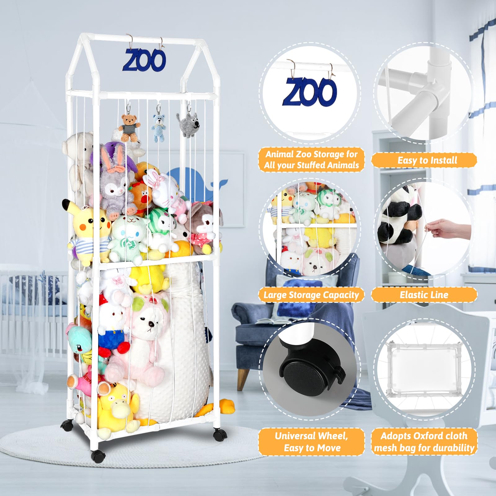 XMBecc Stuffed Animal Storage Zoo Stuffed Animal Holder Space Save Vertical Stuffed Animals Storage PVC with Elastic Band and Net for Playroom Birthday Gift for Bedroom(white)