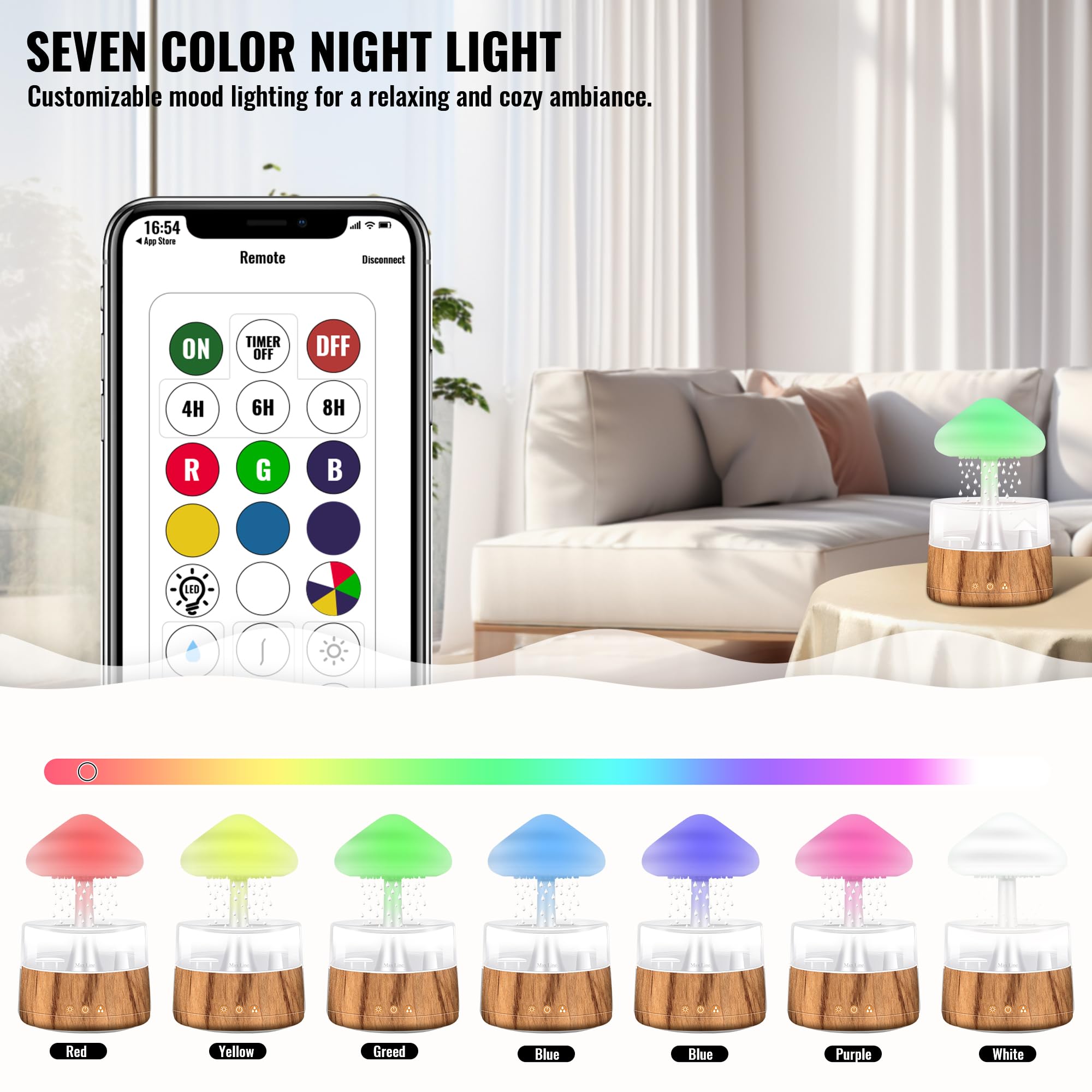 Rain Diffuser, App Control Snuggling Cloud Diffuser with 5 Essential Oils, 7 Changing Colors Night Light, Mushroom Humidifier for Sleeping Relaxing Mood Rain Drop Sound, Wood