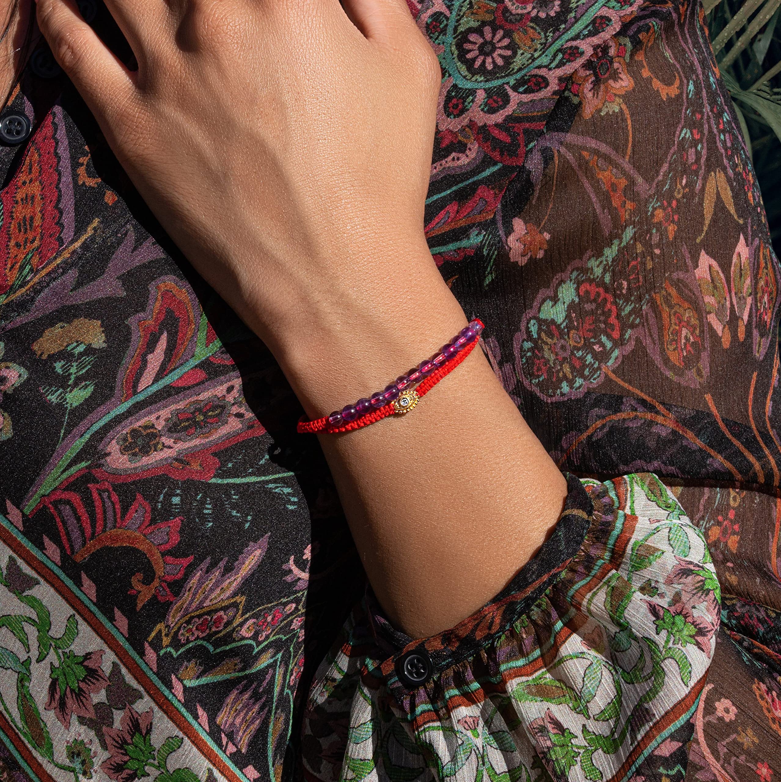 KARMA AND LUCK - Peace of Spirit - Women's Real Amethyst Evil Eye Charm Red String Adjustable Drawstring Closure Wrap Bracelet with Hamsa Amulet Handmade in Bali