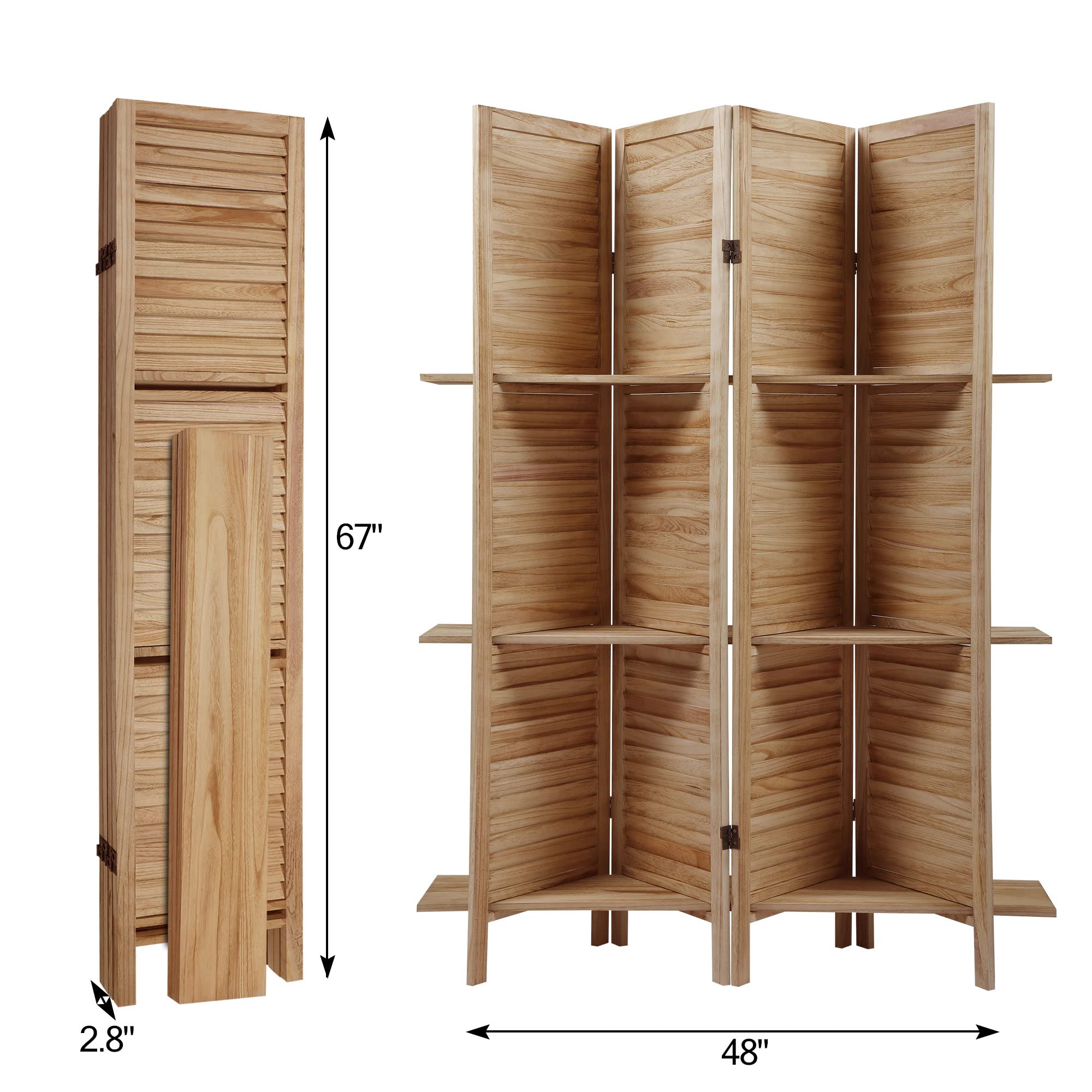 JAXPETY 4-Panel Wood Louvered Room Divider with Wide Transverse Boards, 5.6 Ft Tall Oriental Folding Freestanding Privacy Screen Room Dividers for Home, Office and Bedroom, Nature