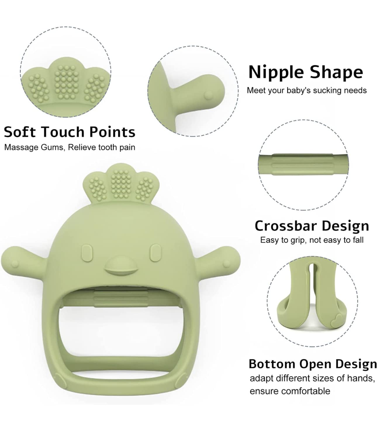 MOMMYS BABY Silicone Baby Teether Set, Infants Chew Mitten, Pain Relief for Sore Gums, Soothing 2 in 1| Olive Green Chick, Dusty Blue Triceratops | Anti-Drop with Handle for Easy Grip