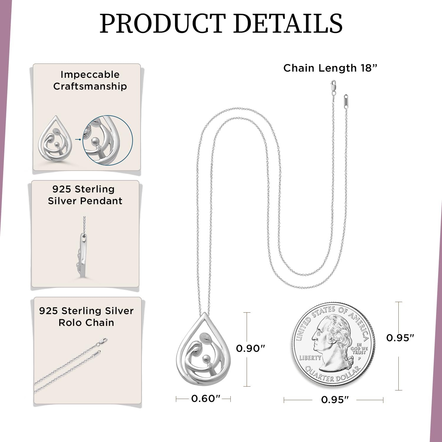 Jewelili Sterling Silver Parent and 1 Child Drop Pendant Necklace, 18" Rolo Chain