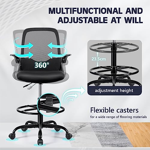 KERDOM Drafting Chair Tall Office Chair Ergonomic Computer Standing Desk Chair Swivel Work Chair with Flip-up Armrests and Adjustable Footrest Ring (933Z Black)
