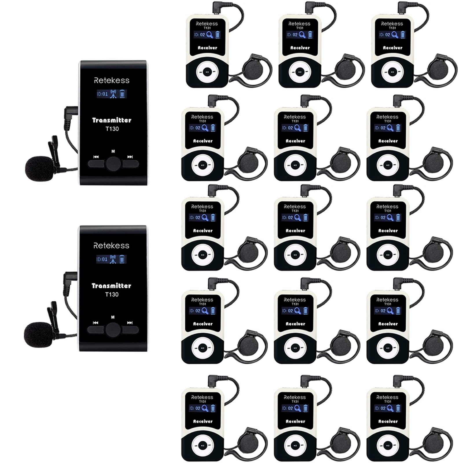 Retekess Case of 2 Transmitter 15 Receivers, T130 Wireless Tour Guide Transmitter with Lavalier Microphone, Simultaneous Interpreting for Training, Teaching, Factory