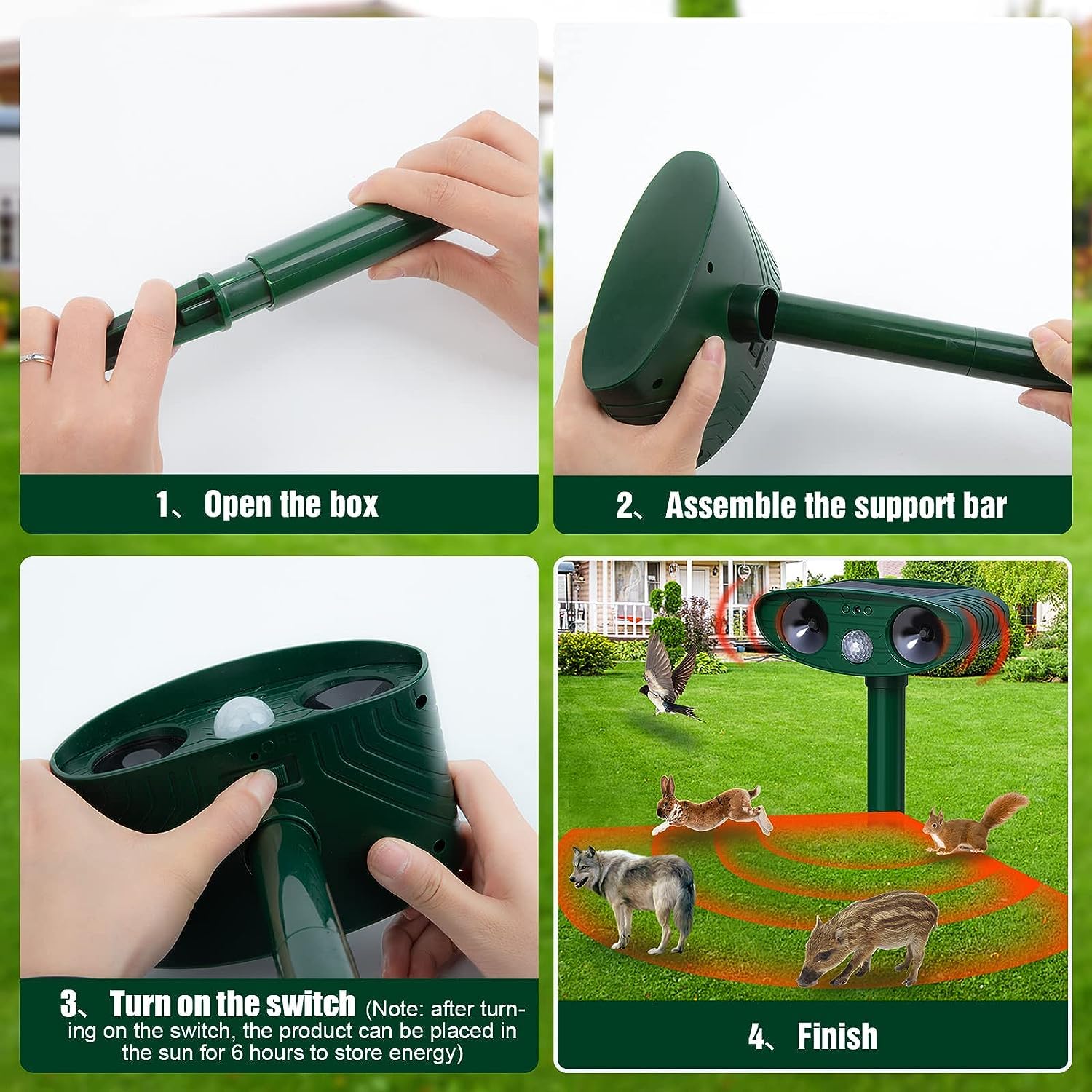 Mageloly Ultrasonic Bird Deterrent, Solar Animal Repeller Bird Repellent Devices Outdoor with Motion Sensor and Led Light Alarm, Waterproof Ultrasonic for Mole Dogs, Cats, Skunk, Squirrels, Green