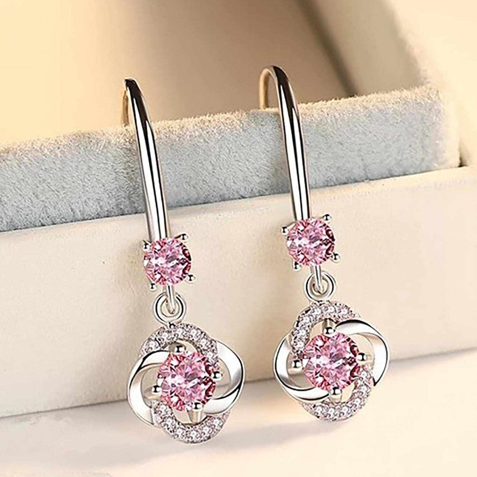 Mllkcao Diamond-Studded Creative Earrings Temperament Long Four-Leaf for Her Pink