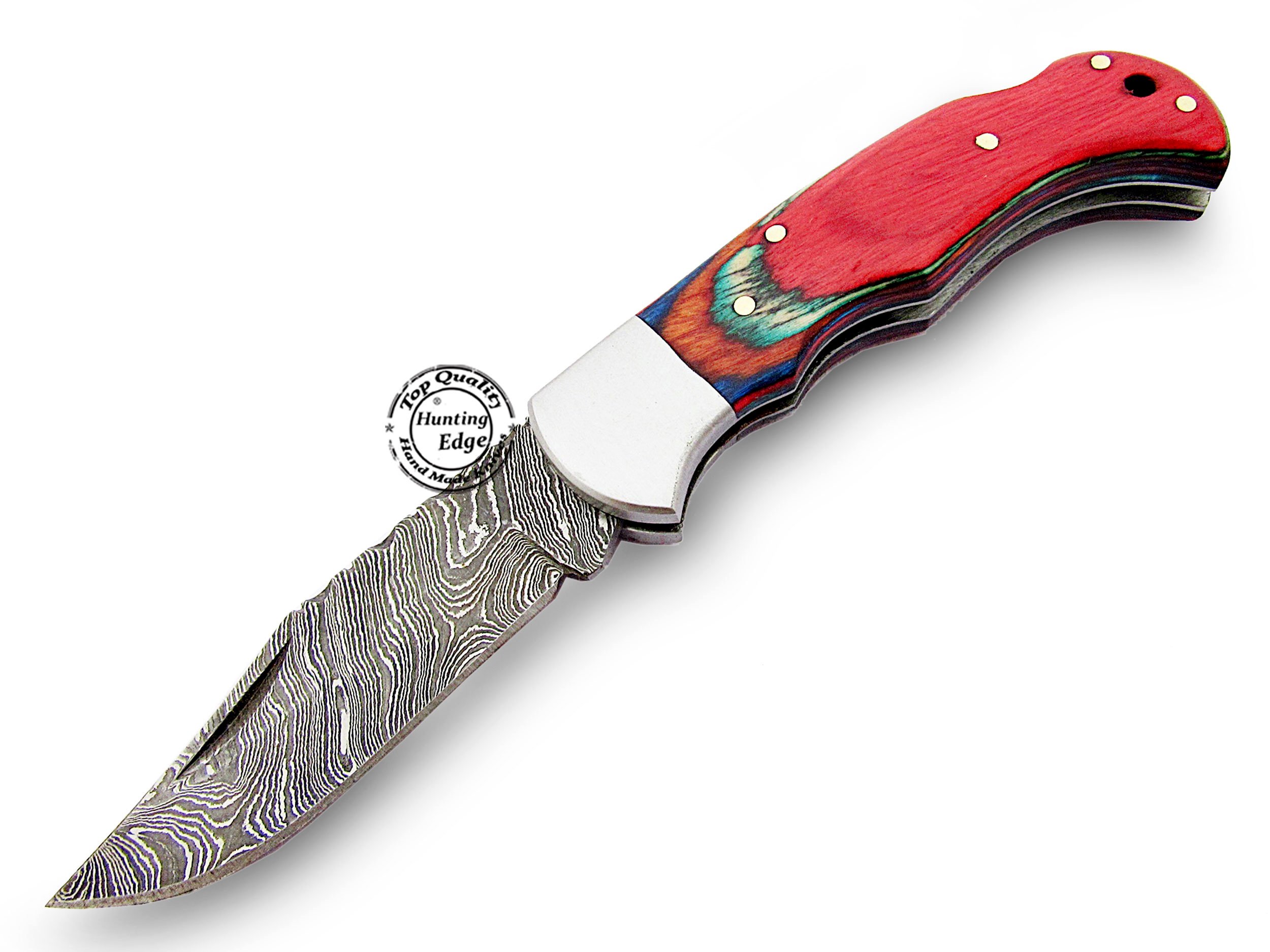 Hunting Edge Multi Colour Wood 6.5'' 100% Handmade Damascus Steel Folding Pocket Knife 100% Prime Quality