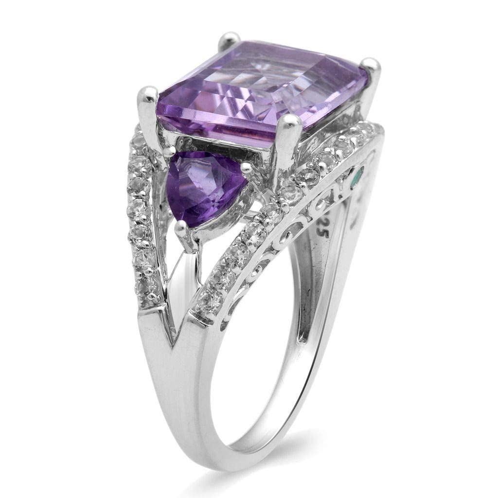 Jewelili Sterling Silver 12x10MM Octagon and 5MM Trillion Amethyst with 1.5MM Round Emerald and White Topaz Three Stone Ring, Size 7