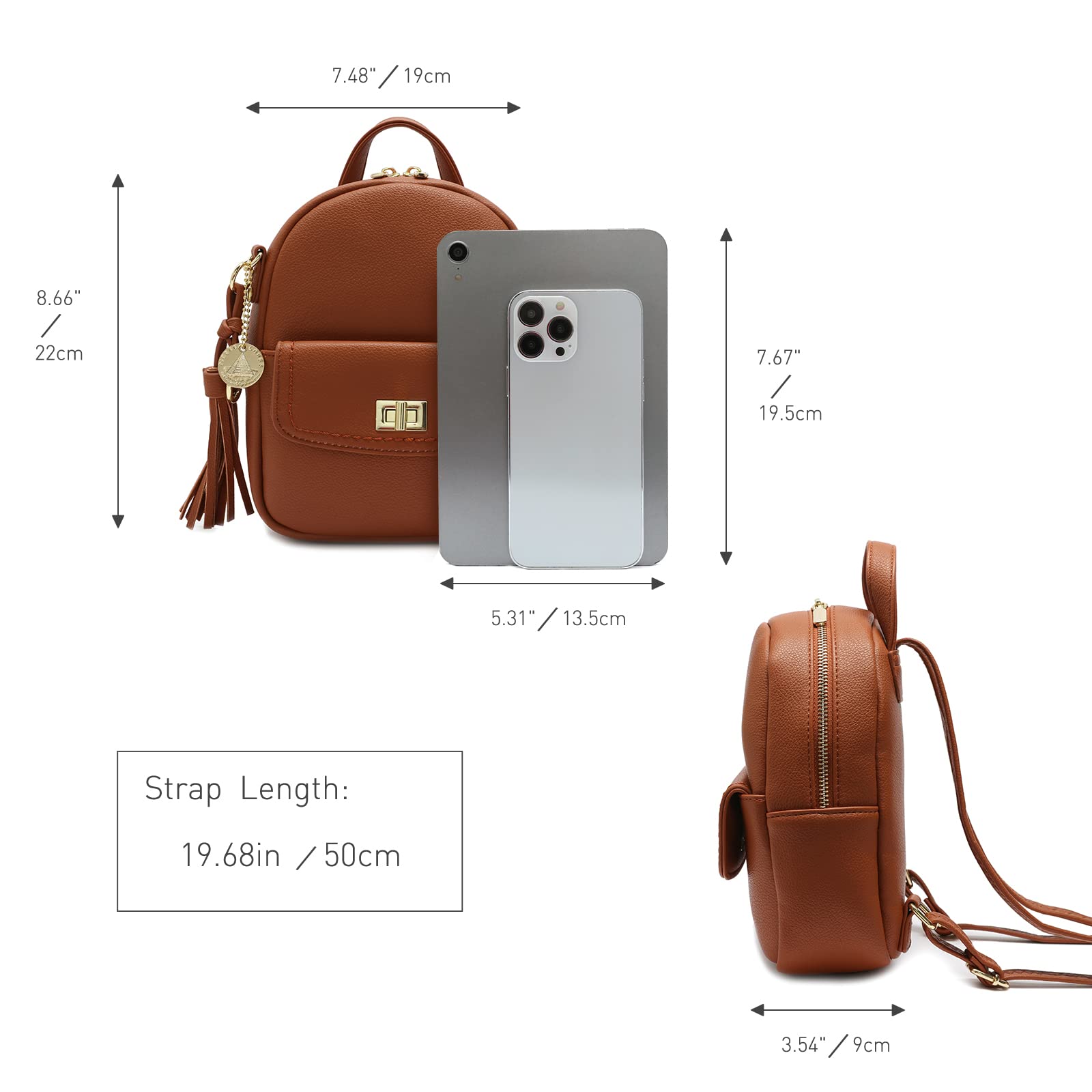 PIERRELOUES Mini Backpack Purse for Women Cute PU Leather Backpack Small Backpack Purse Multifunctional Crossbody Shoulder Handbag Purse With Charming Tassil BROWN